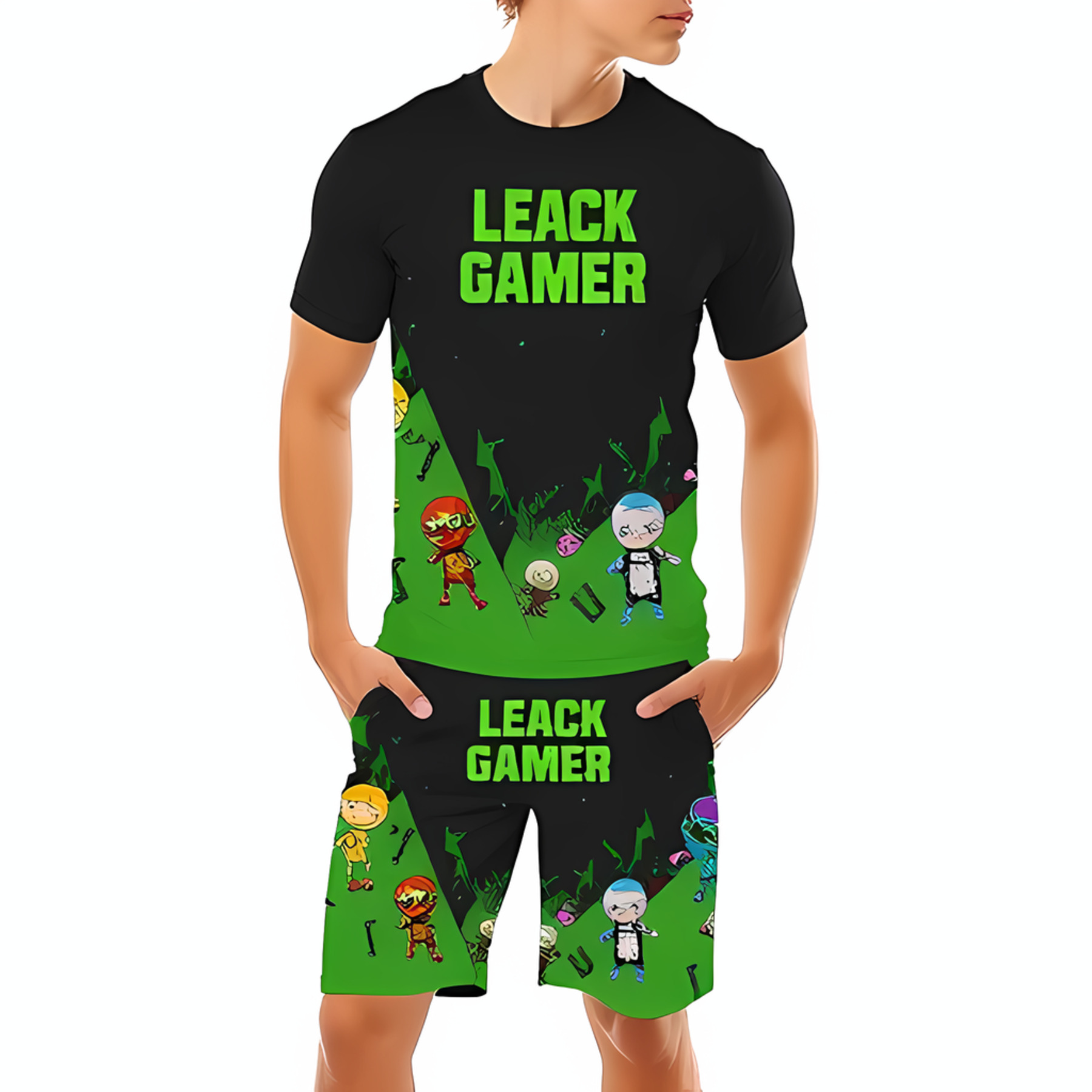 Vibrant Black Athletic T-Shirt & Shorts Set with Green Cartoon ...