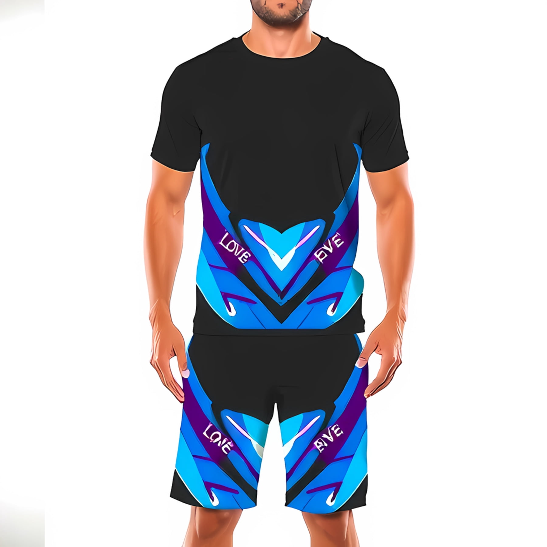 Vibrant Black Athletic T-Shirt & Shorts Set with Heart Graphic Design ...