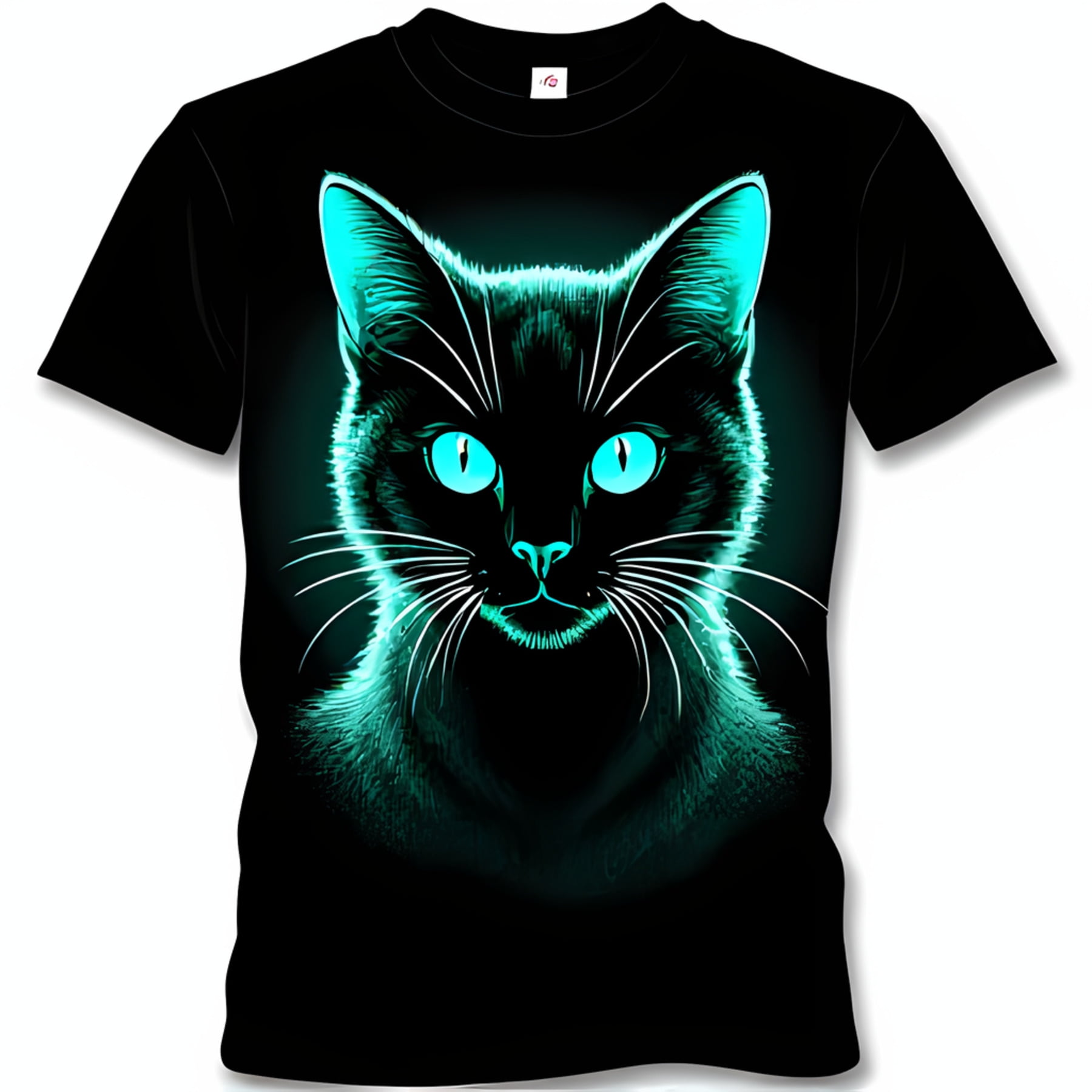 Vibrant Black Cat T-Shirt with Intense Cyan Eyes & Whiskers Mysterious ...
