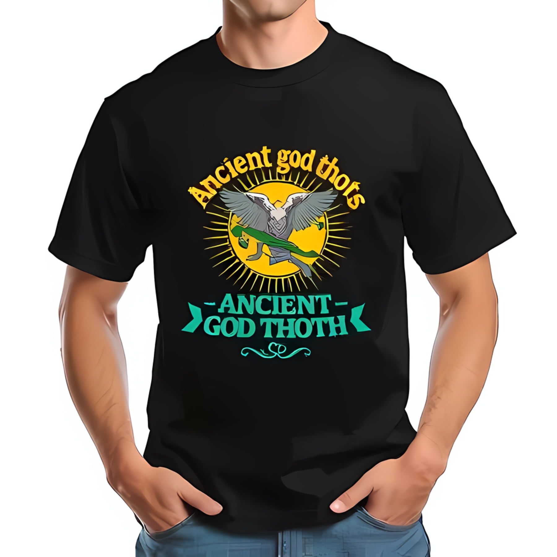Vibrant Black Cotton Short Sleeve T-Shirt Featuring Ancient God Thoth ...