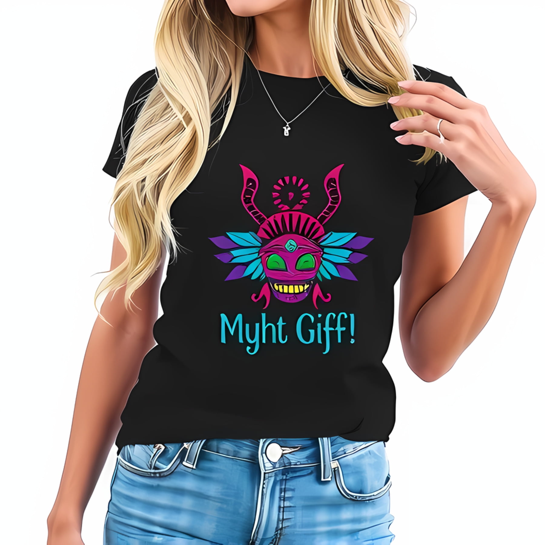 Vibrant Black Cotton Short Sleeve T-Shirt with Stylized Ancient Mask ...