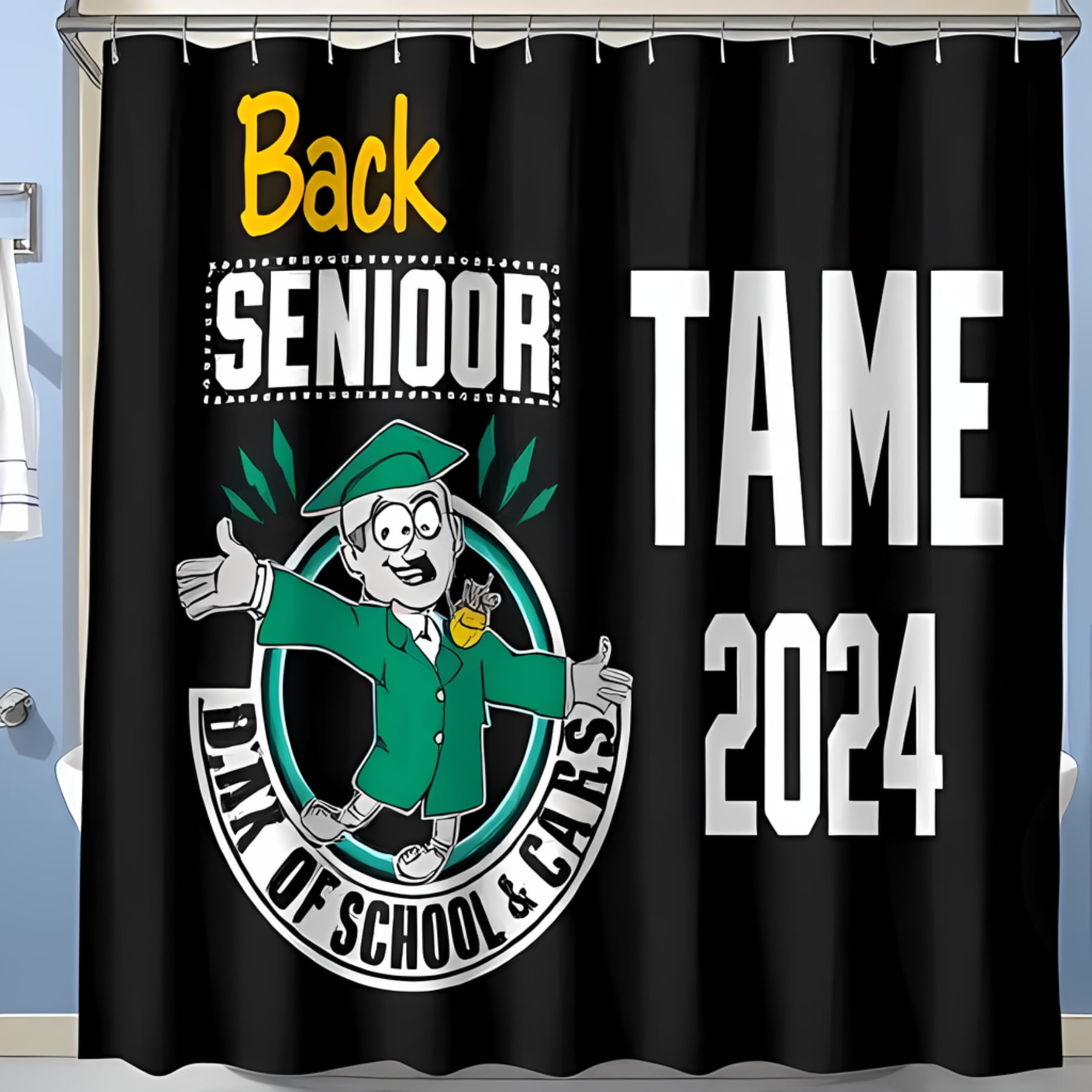Vibrant Black Graduation Shower Curtain with Bold Yellow & White 'Back ...