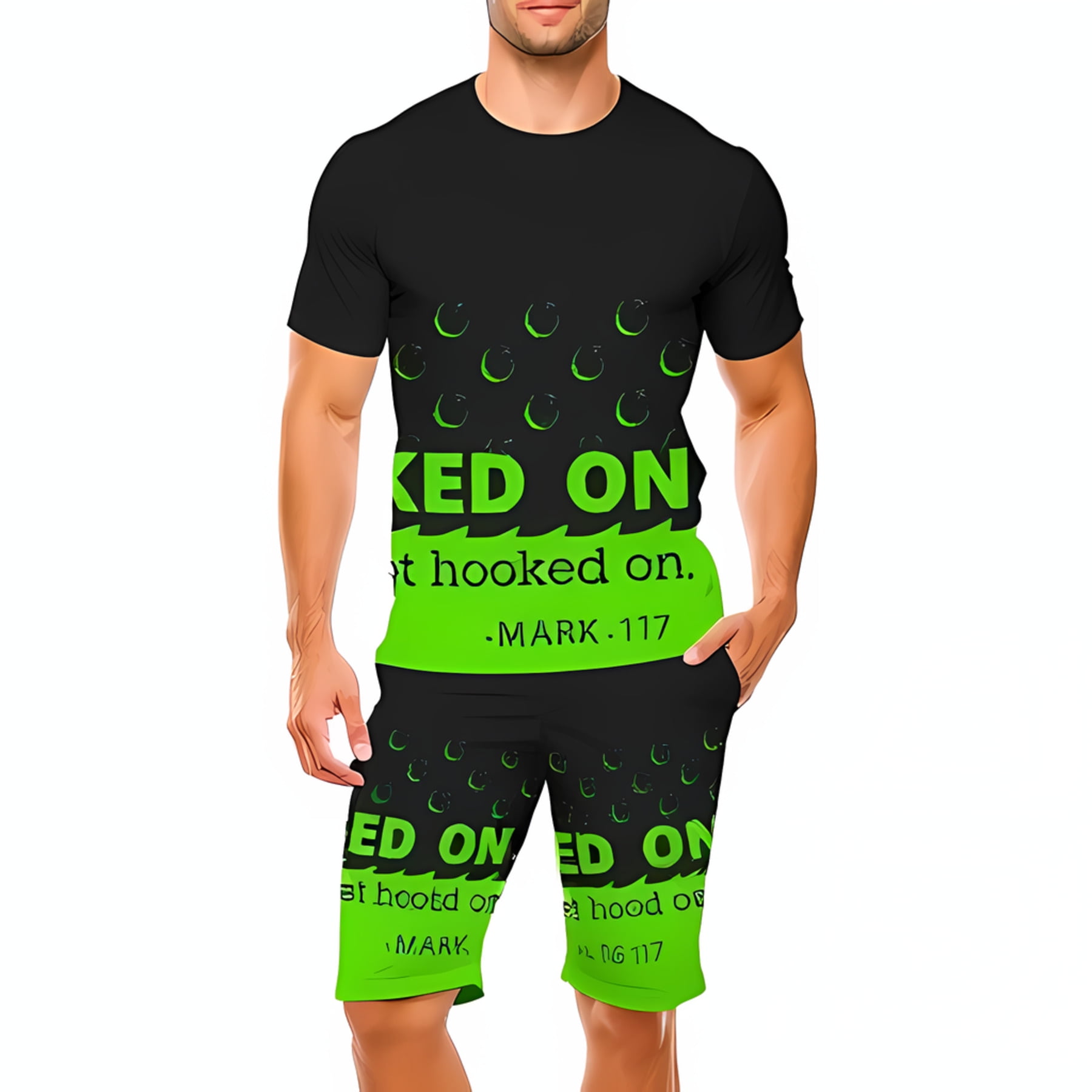 Vibrant Black & Green Athletic T-Shirt & Shorts Set with Bold Circle Pattern & " Hooked On ...