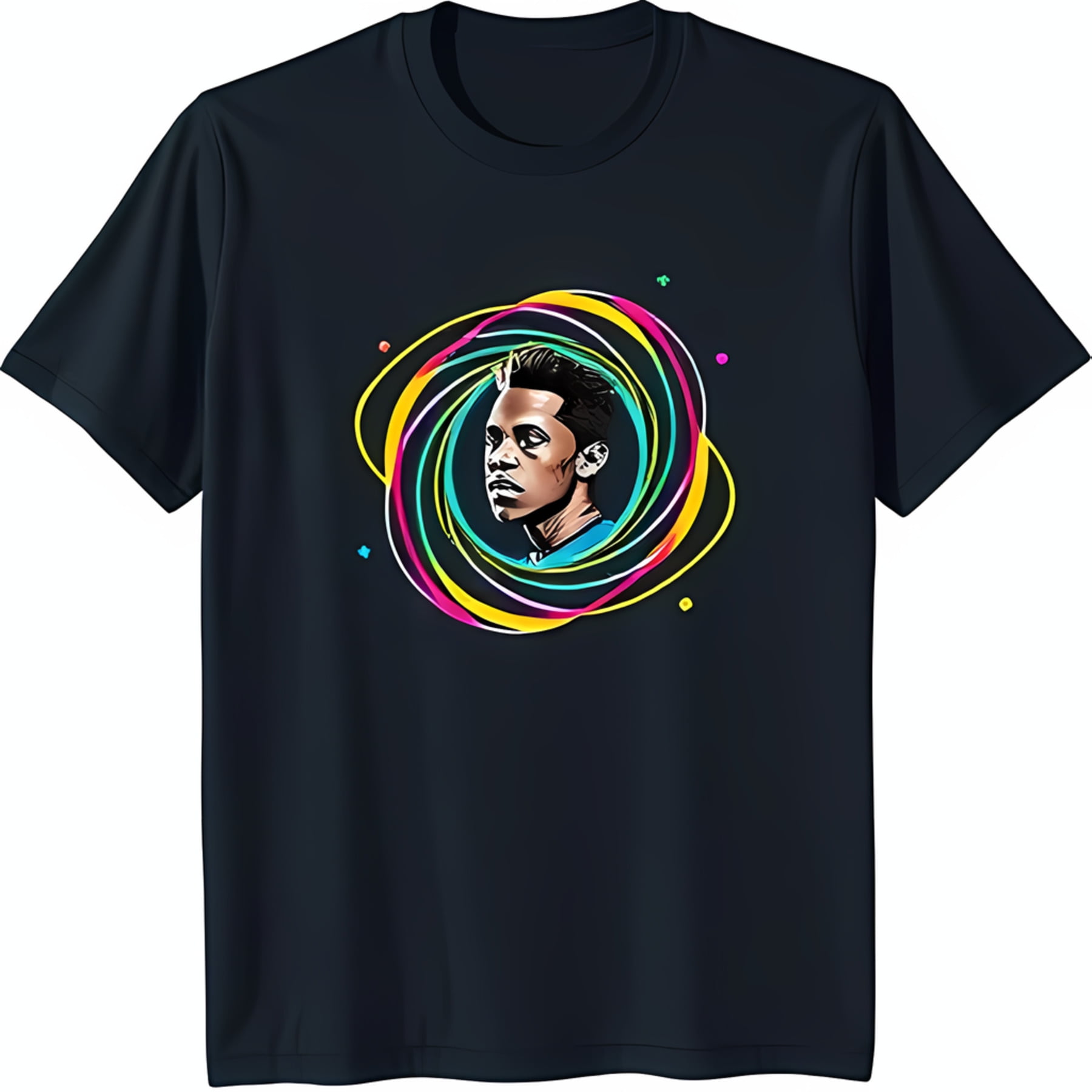 Vibrant Black Neck T-Shirt with Colorful Spiral Graphic Design ...