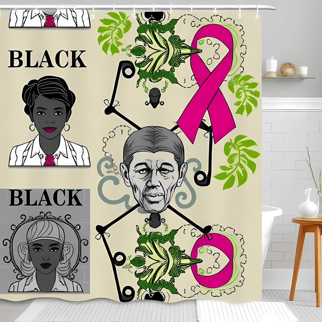 Vibrant Black Portraits Shower Curtain with Bold Text & Botanical ...