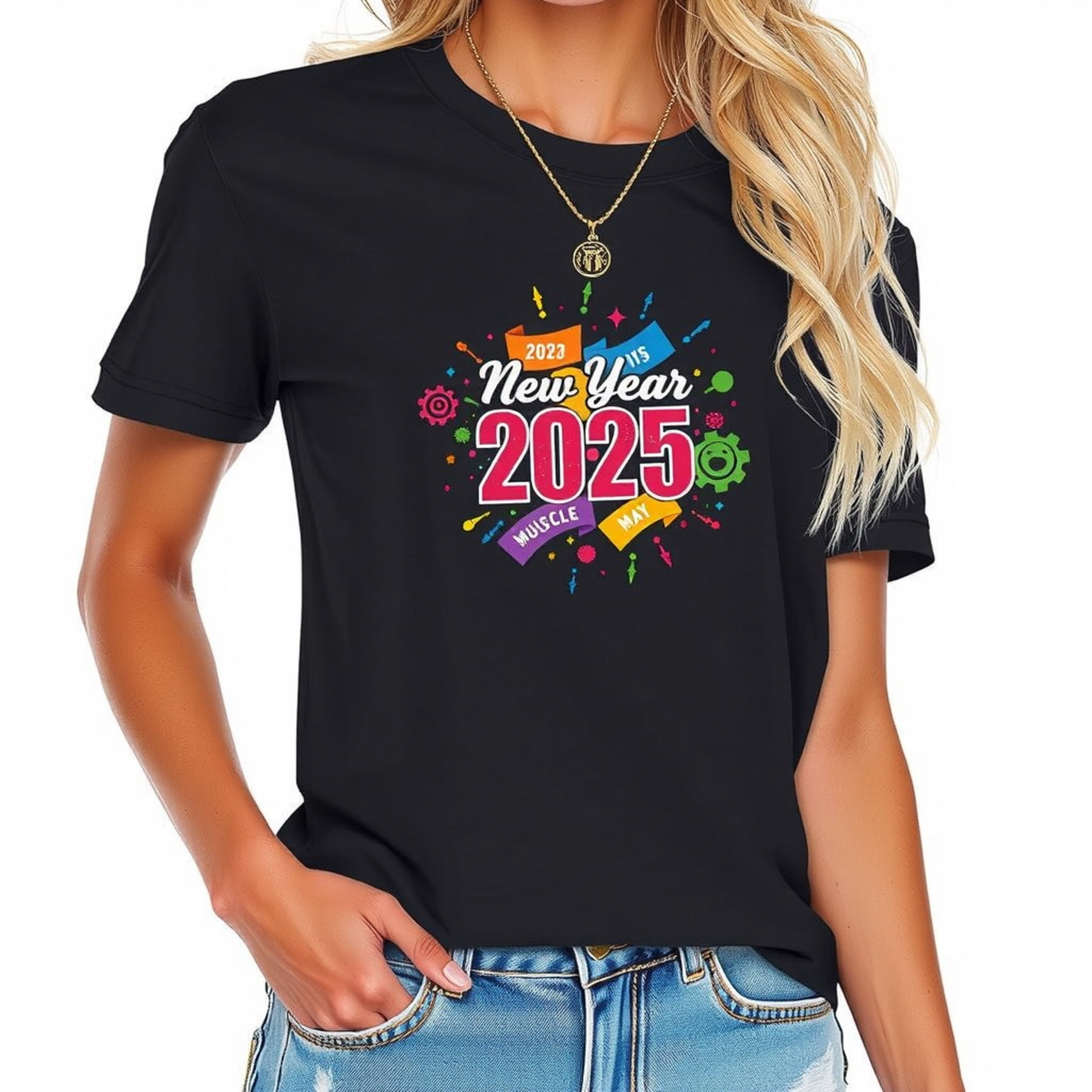 Vibrant Black T-Shirt 2023 vs New Year 2025 Design with Gears & Casual ...