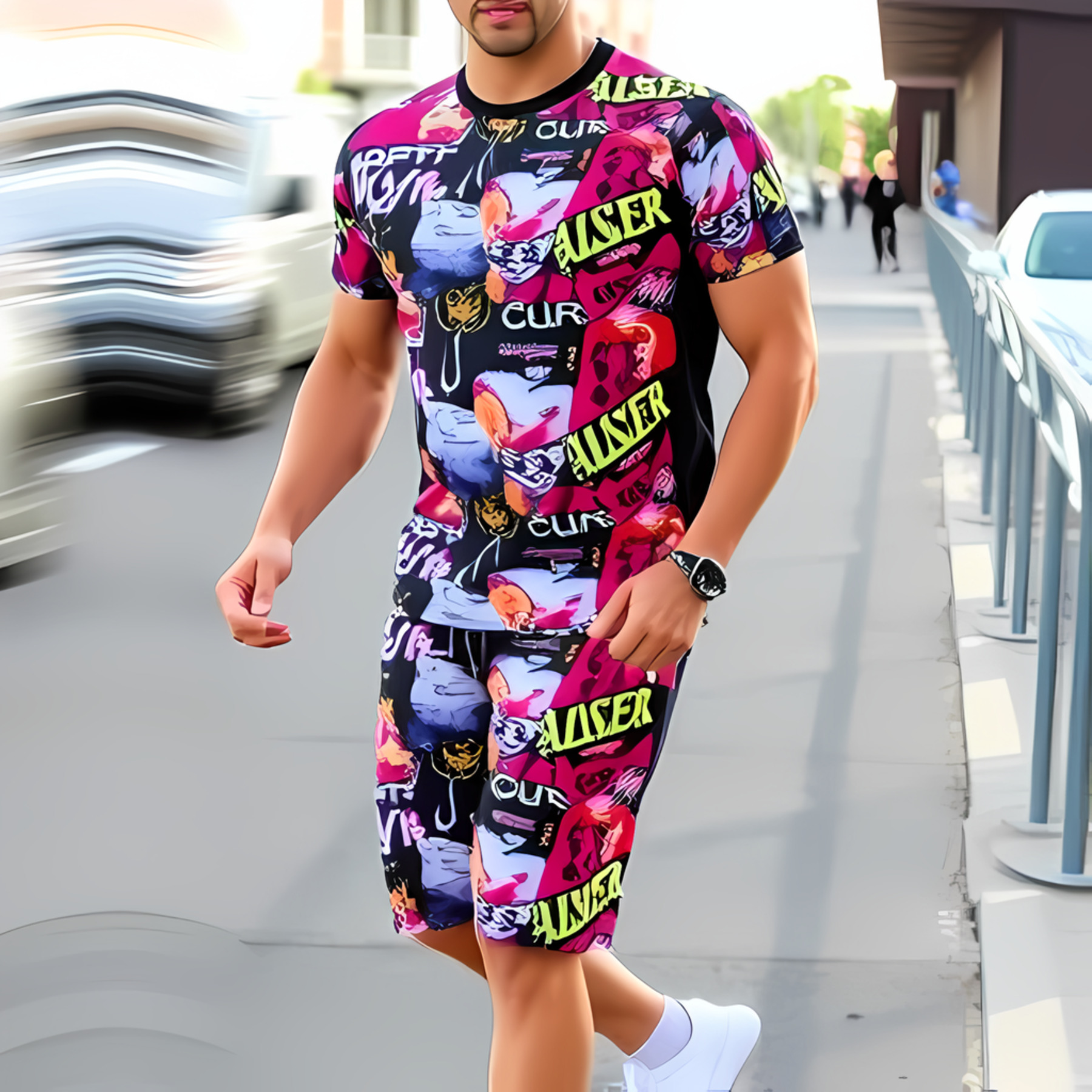 Vibrant Black T-Shirt & Matching Shorts Set with Bold Pink and Yellow ...