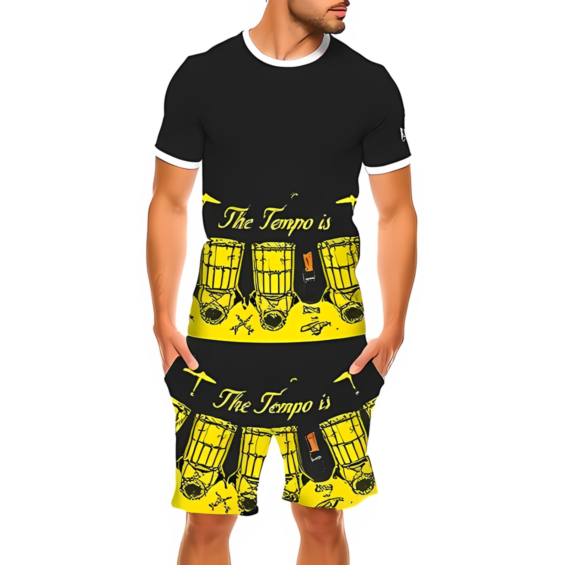 Vibrant Black T-Shirt & Shorts Set with Bold Yellow Drums Print - " The ...