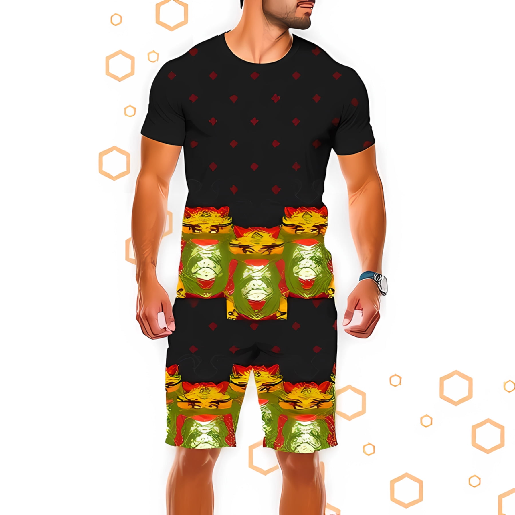 Vibrant Black T-Shirt & Shorts Set with Colorful Pixelated Mythical ...