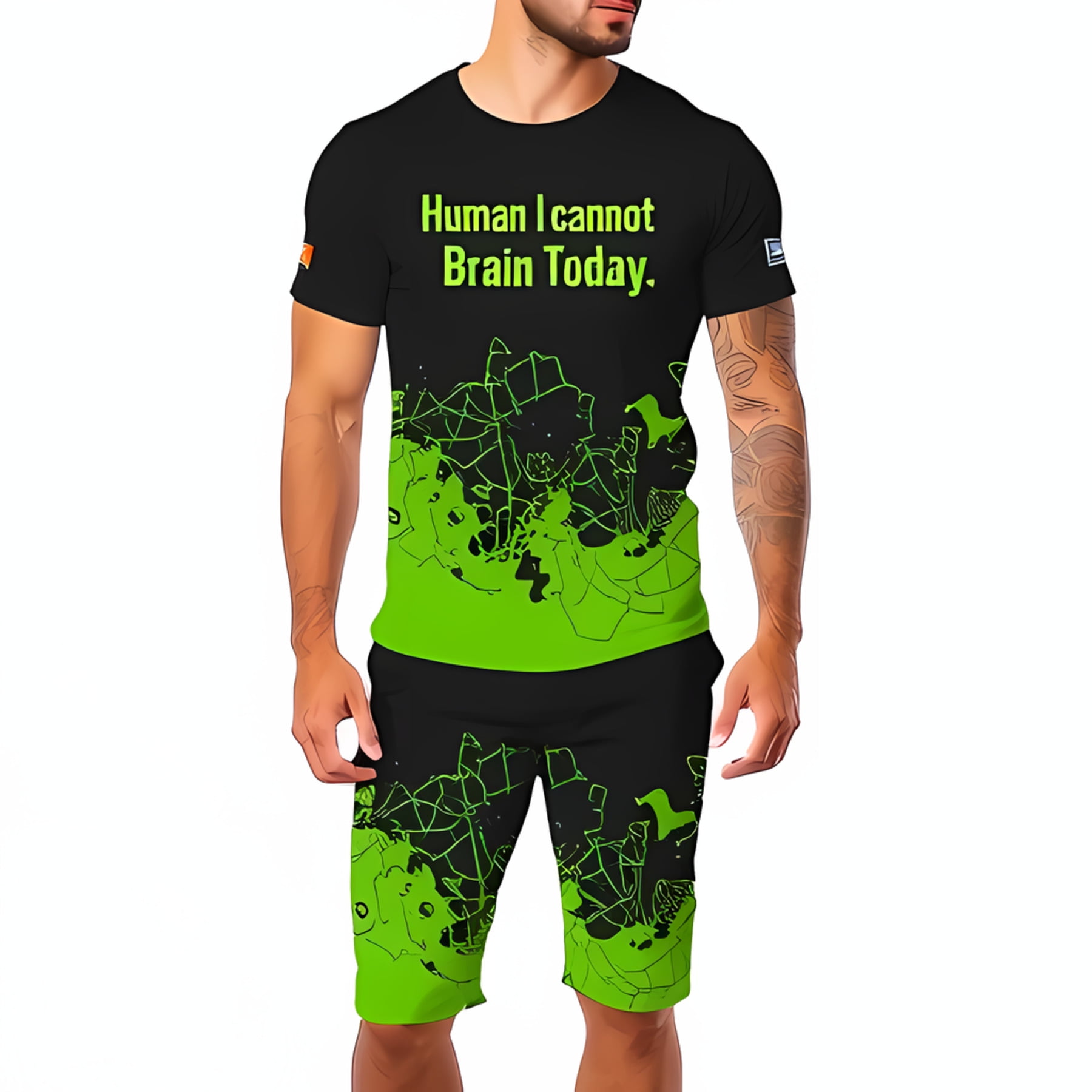 Vibrant Black T-Shirt & Shorts Set with Green Abstract Map Design - " Human I Cannot Brain Today ...