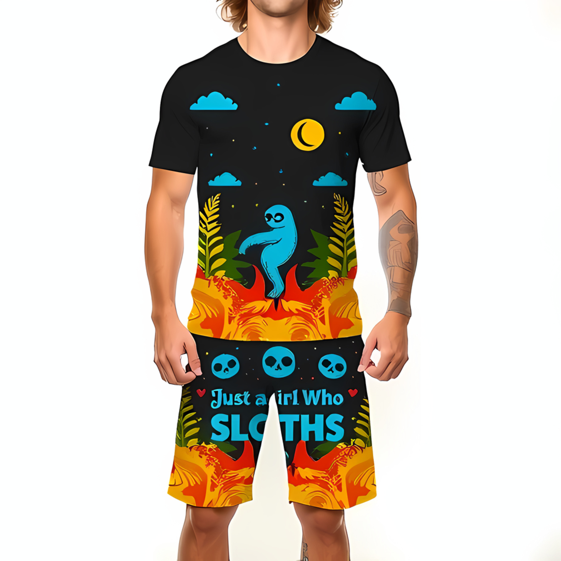 Vibrant Black T-Shirt & Shorts Set with Sloth Fiery Colors Moon ...