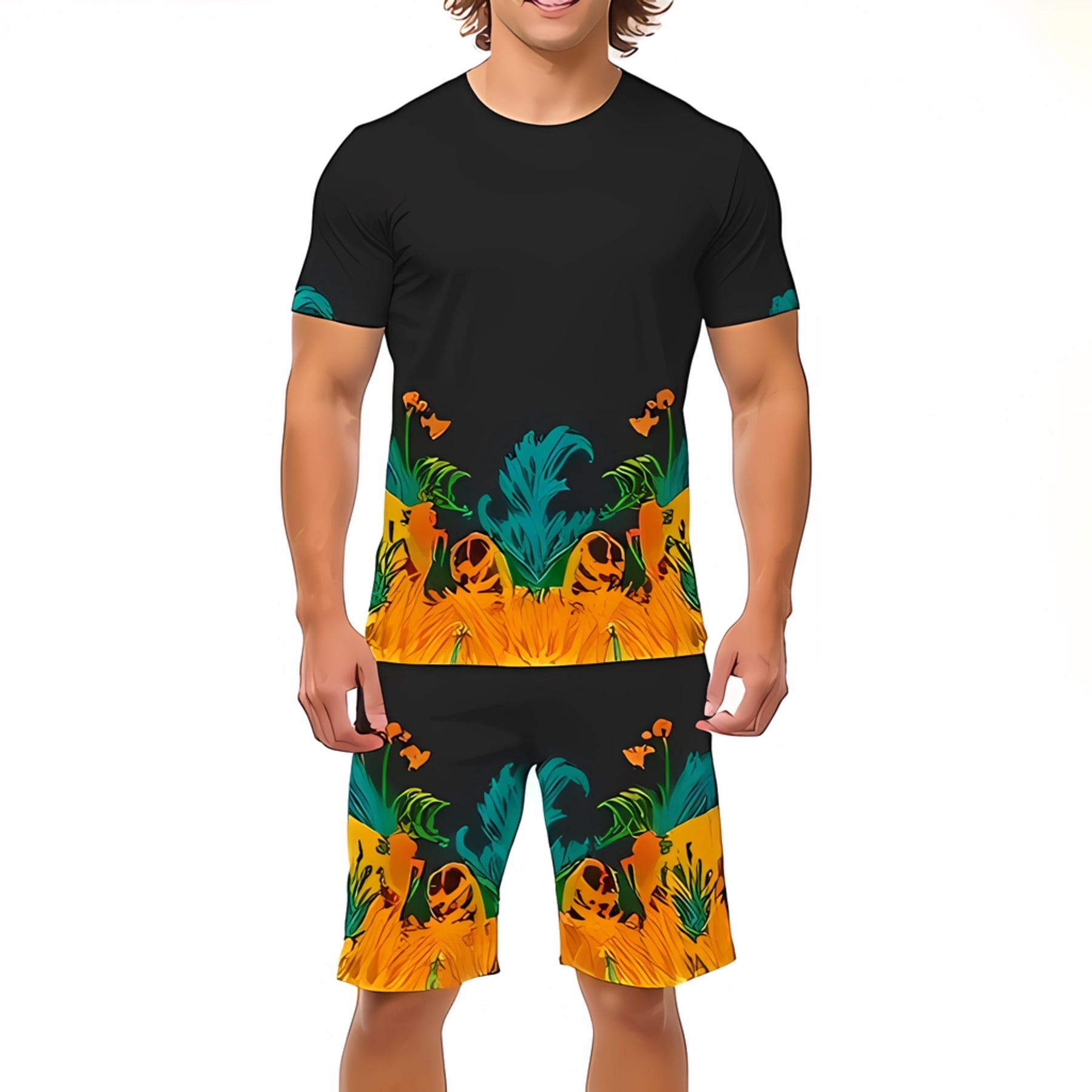 Vibrant Black T-Shirt & Shorts Set with Teal Foliage and Orange Floral ...