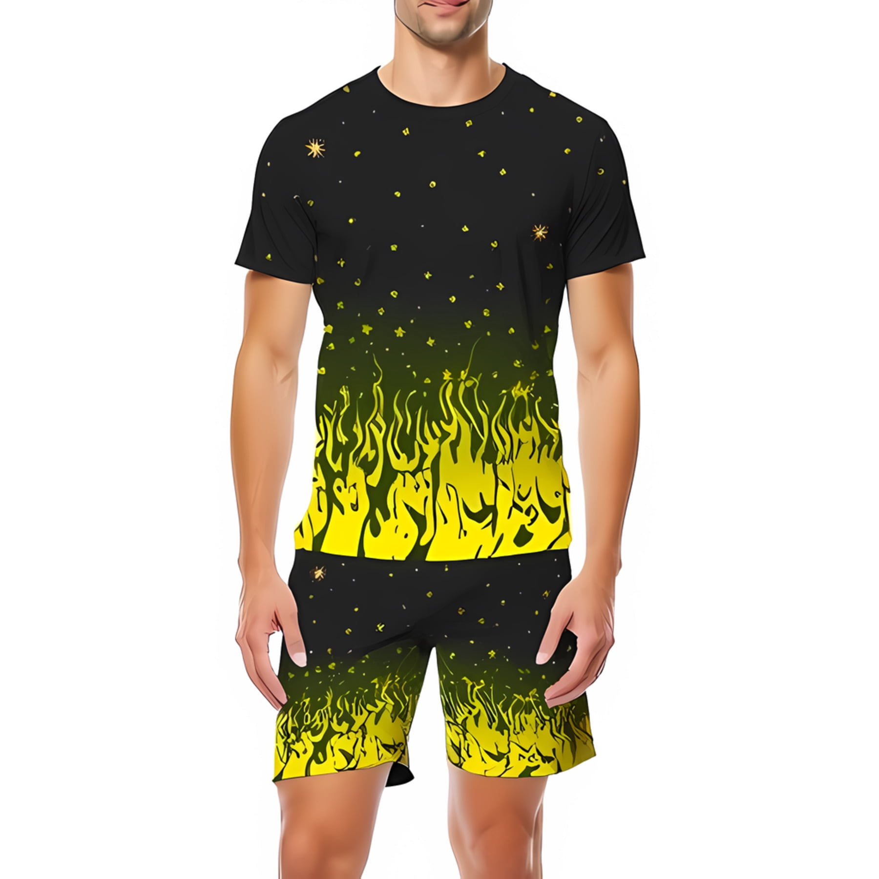 Vibrant Black T-Shirt & Shorts Set with Yellow Flame Gradient and Print ...