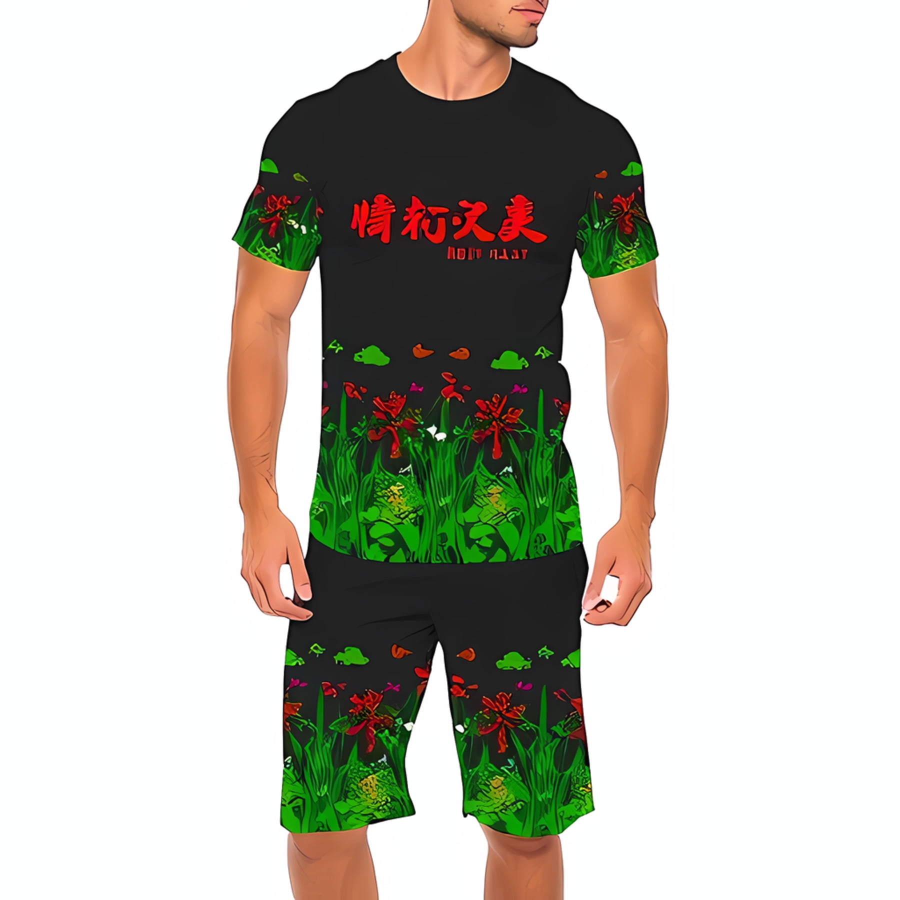 Vibrant Black T-Shirt and Shorts Set with Red Floral and Green Foliage ...