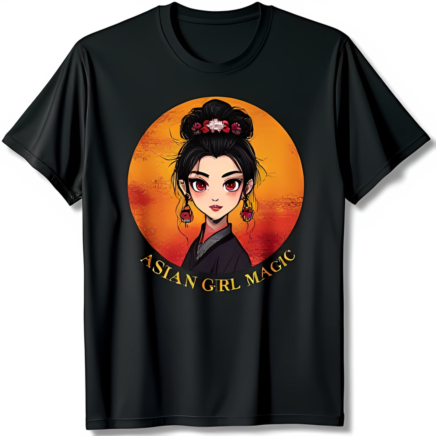 Vibrant Black T-Shirt featuring Asian Girl with Red Eyes in Traditional ...