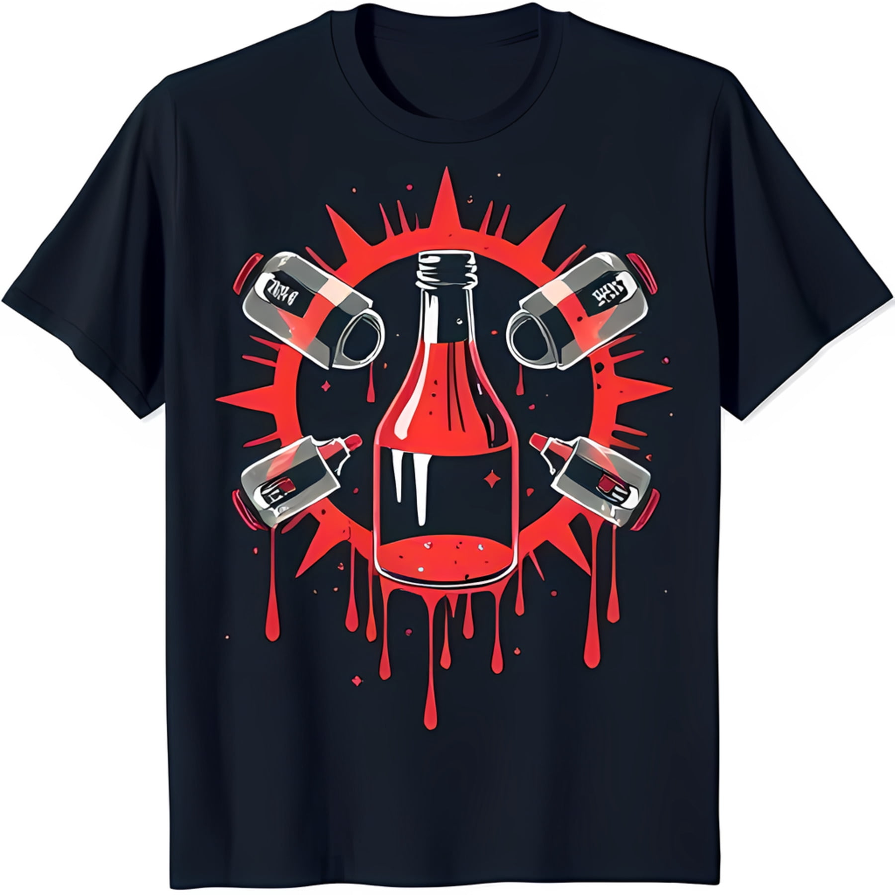 Vibrant Black T-Shirt with Bold Red Sun and Dripping Sauce Graphic ...