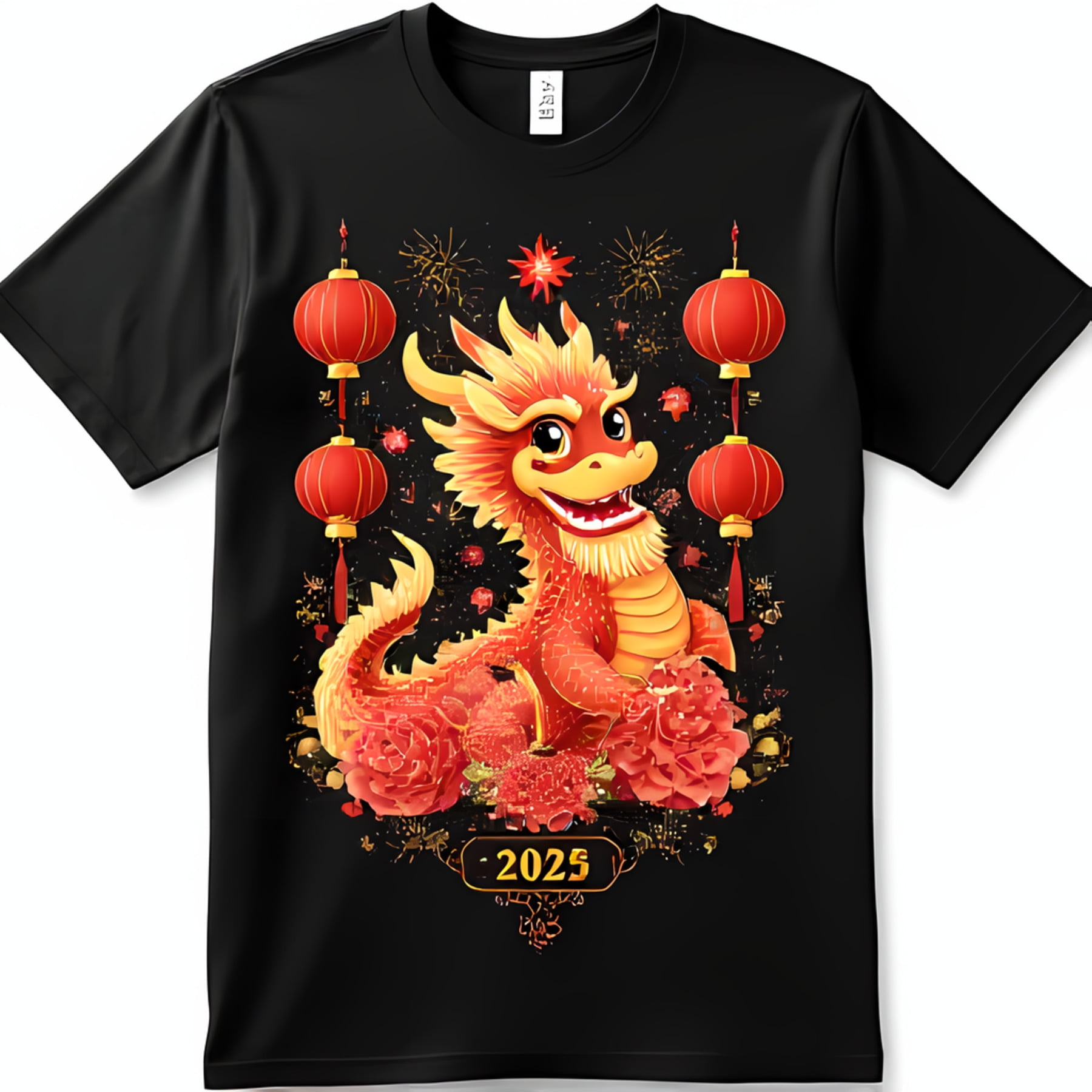 Vibrant Black T-Shirt with Cheerful Cartoon & Chinese New Year Design ...