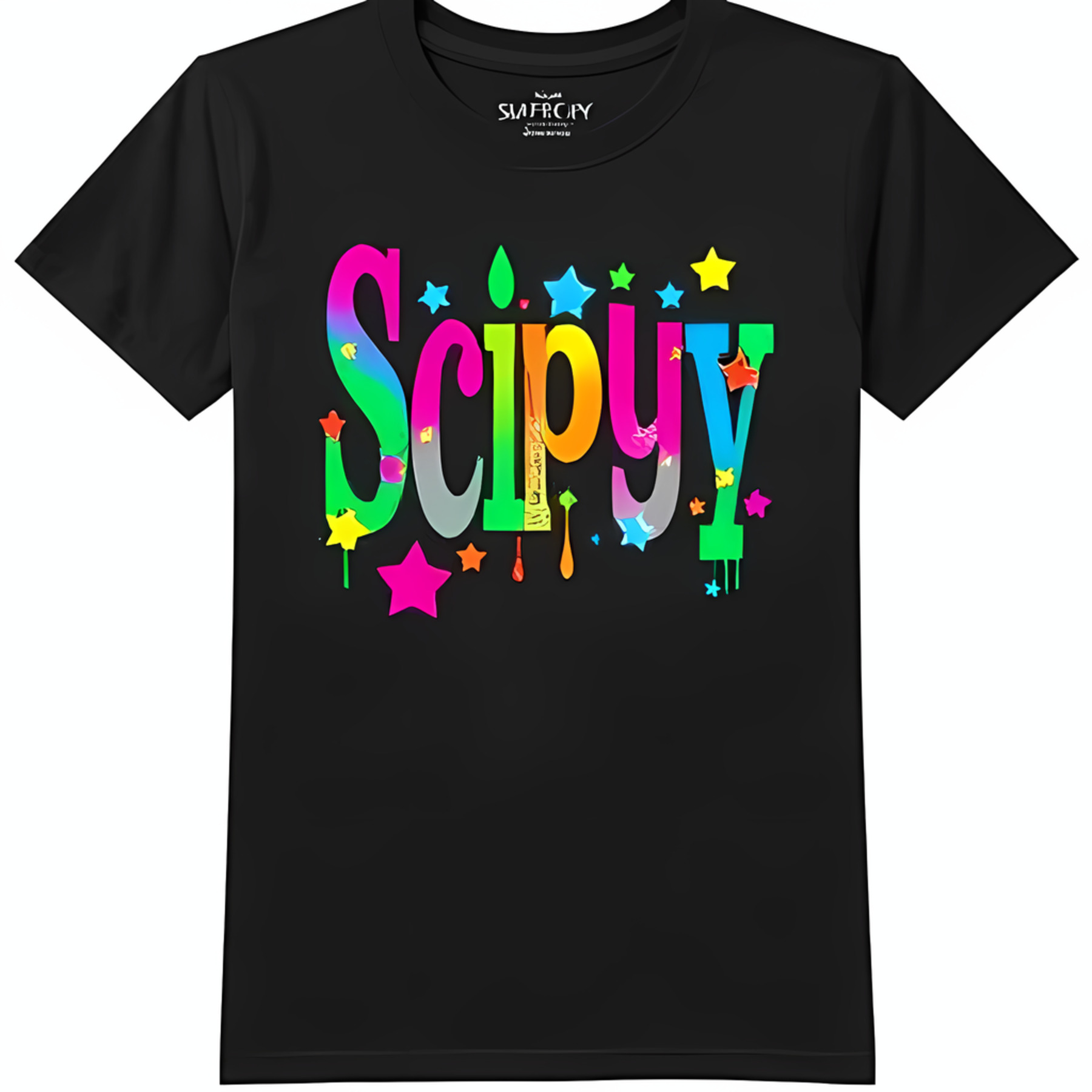 Vibrant Black T-Shirt with Colorful Dripping 'Scipy' Graphic & Stars ...