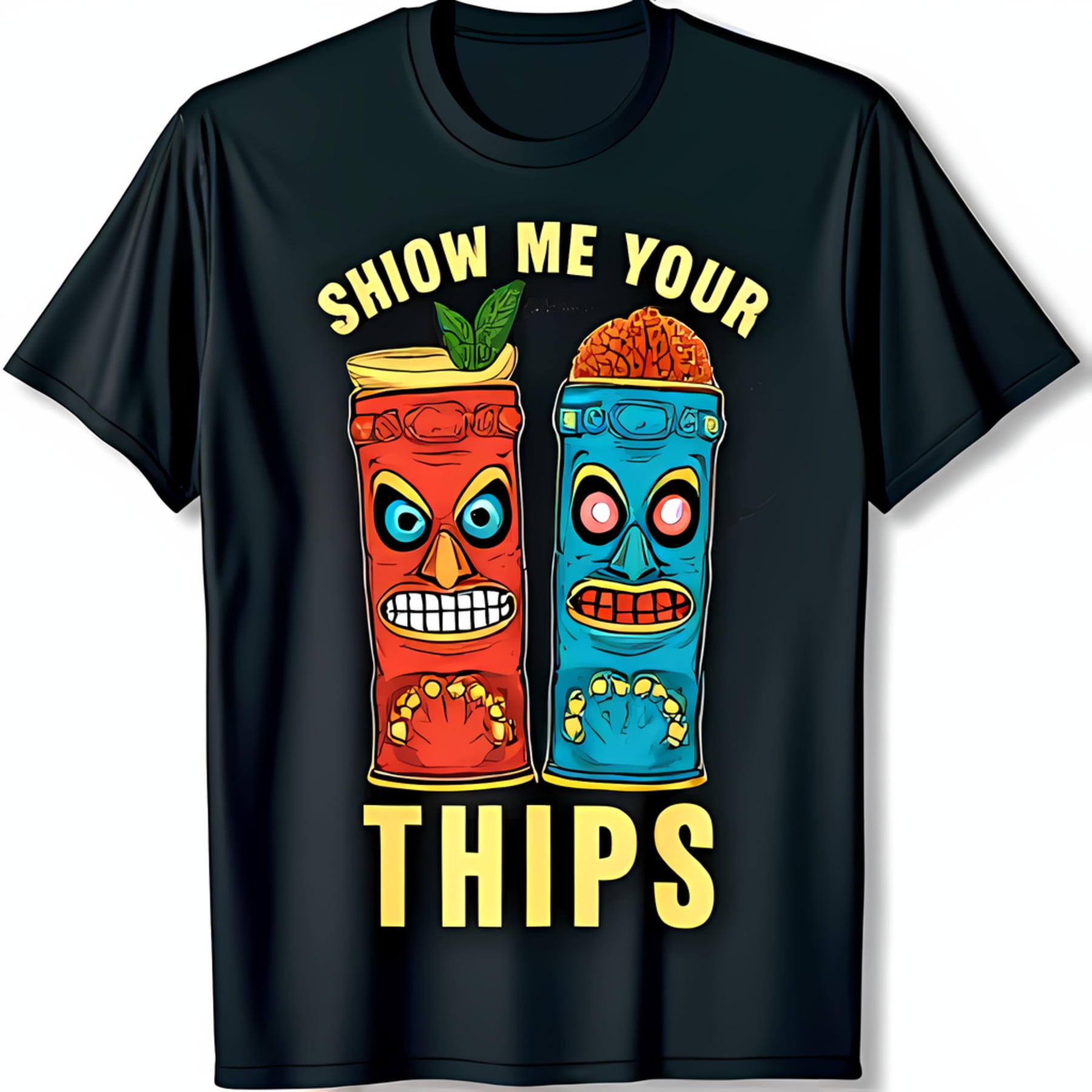 Vibrant Black T-Shirt with Colorful Tiki Idols & Fun Show Me Your Thips ...