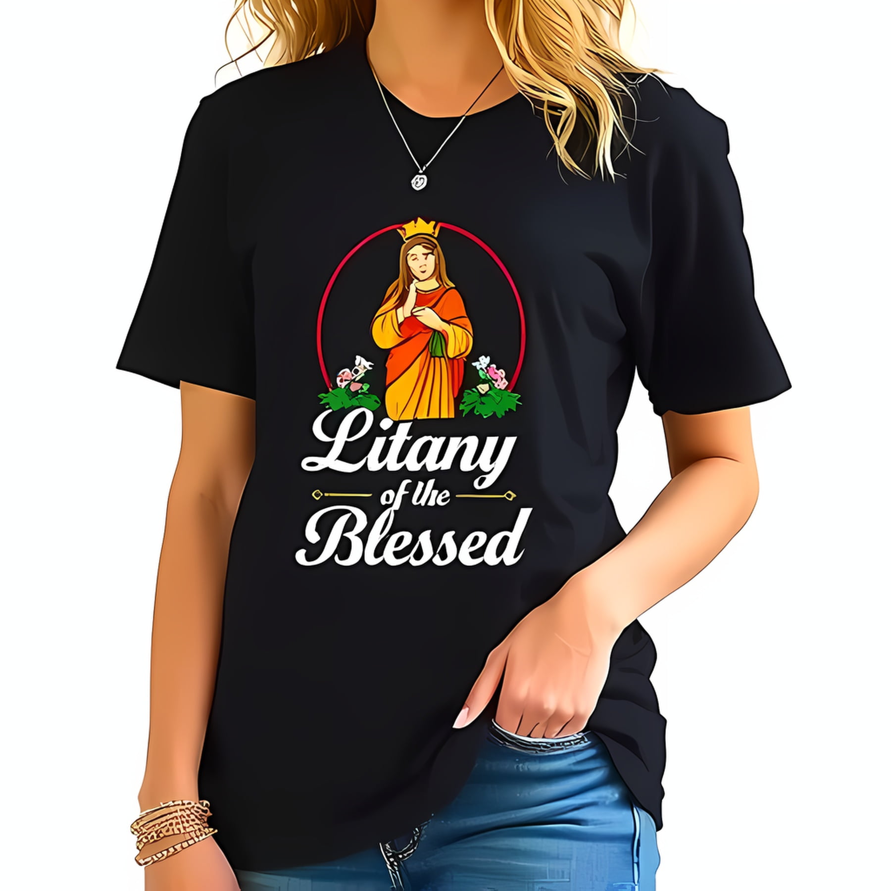 Vibrant Black T-Shirt with Crowned Female Figure Design - "Litany of ...