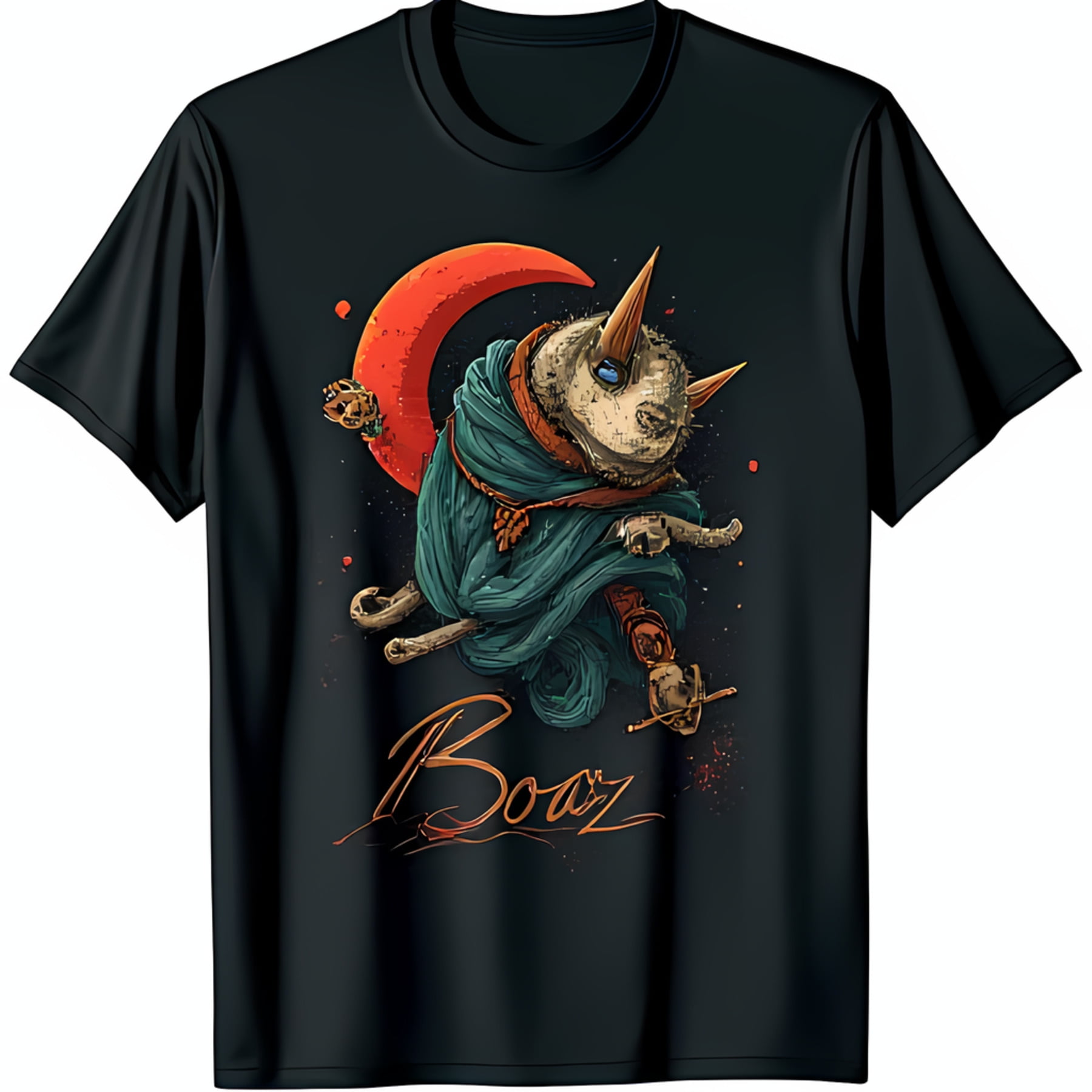 Vibrant Black T-Shirt with Fantastical Cat Creature & Boaz Design ...