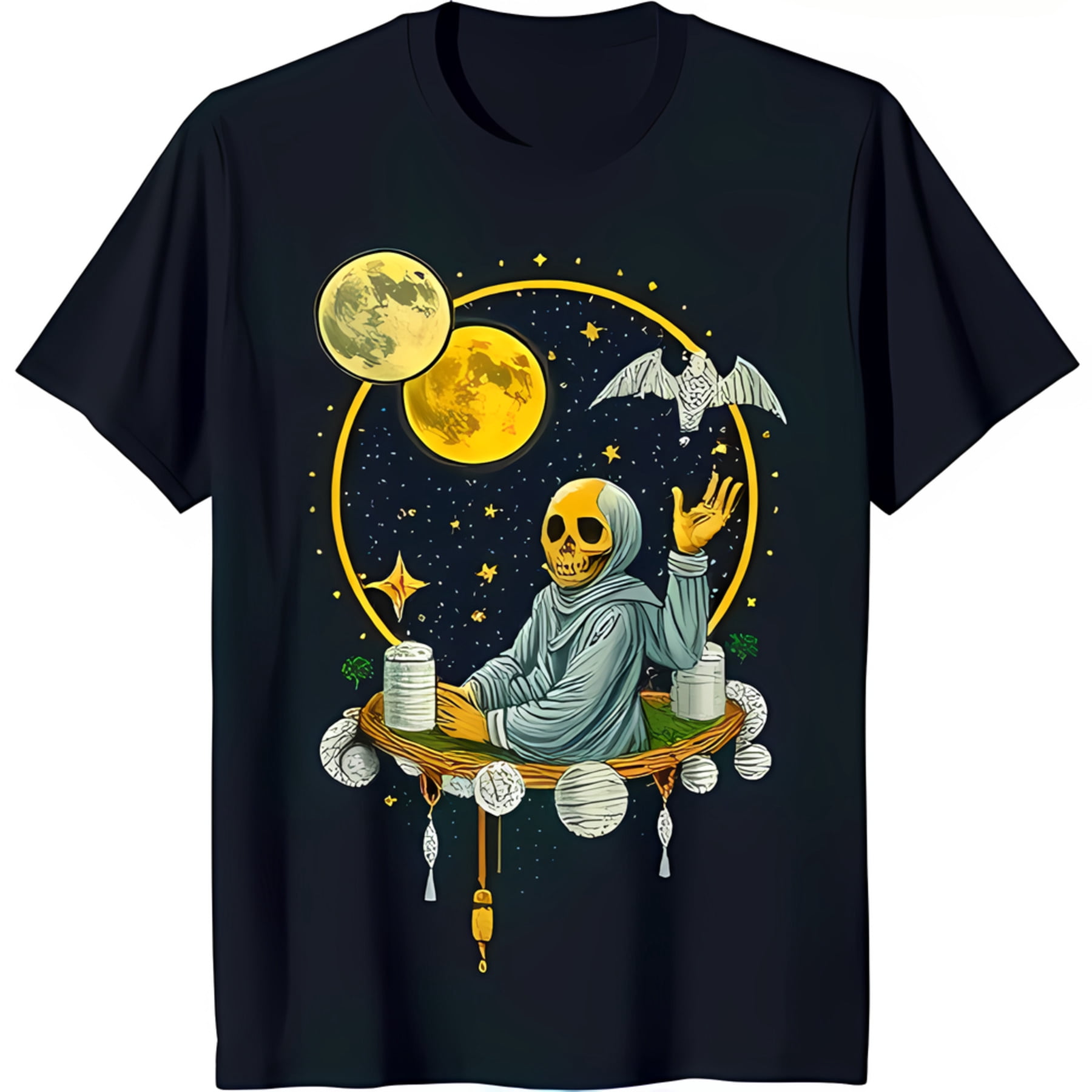 Vibrant Black T-Shirt with Mystical Skeletal Design Glowing Orbs ...