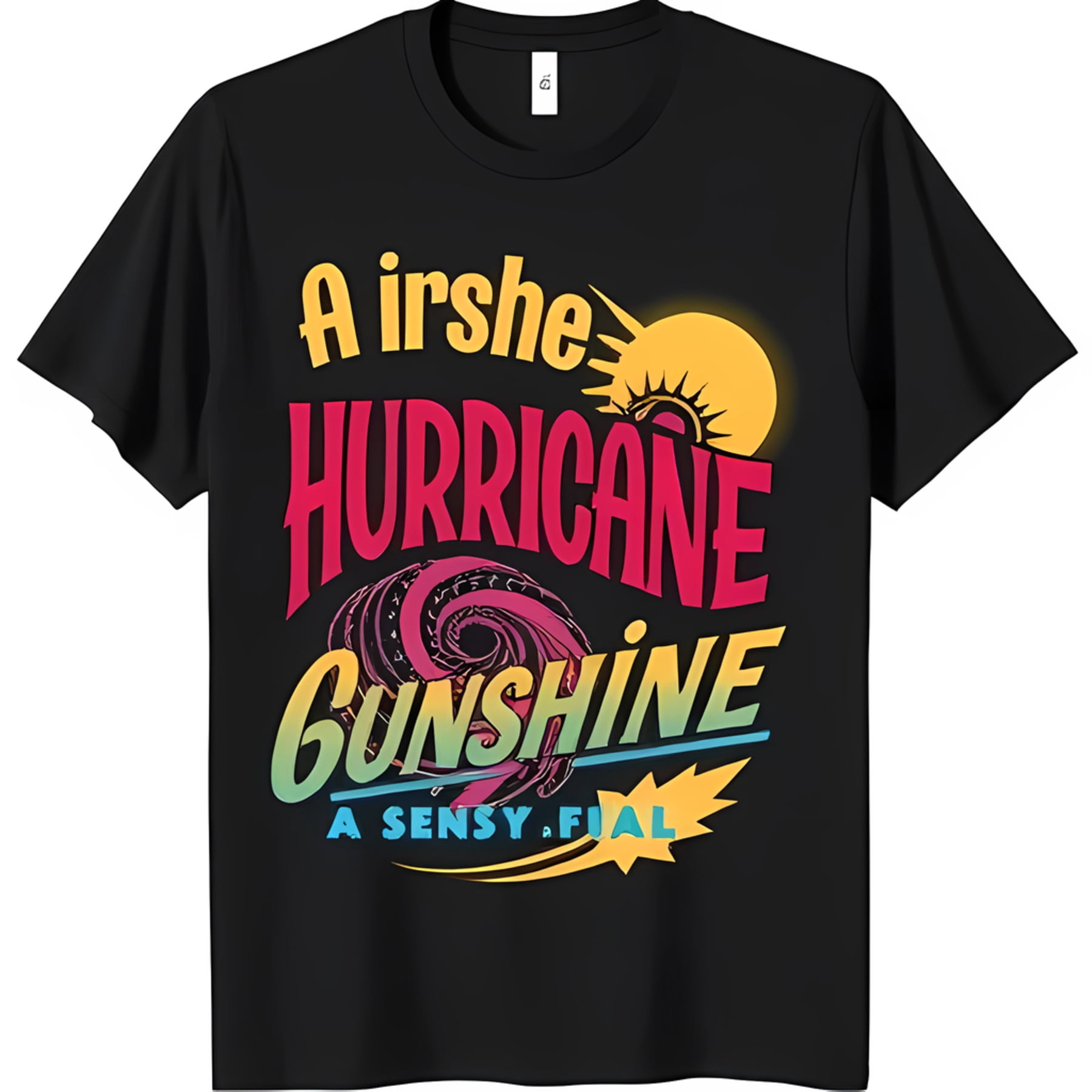 Vibrant Black T-Shirt with Retro Hurricane & Sunshine Graphic Design ...