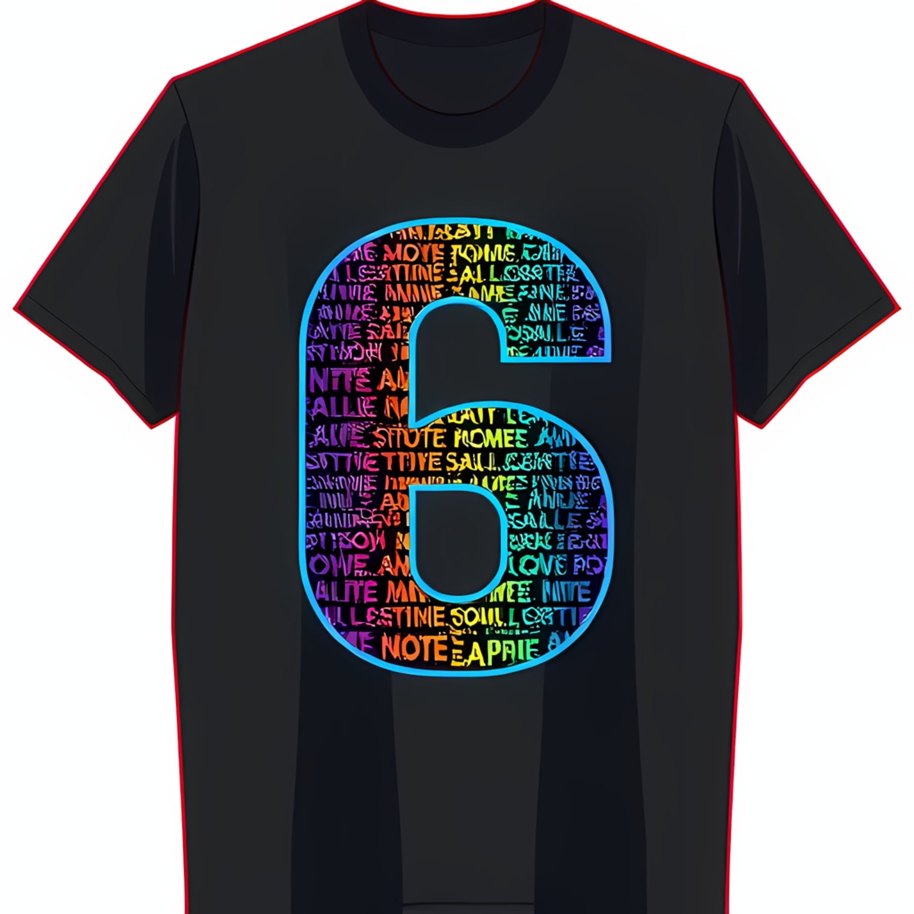 Vibrant Black Tee with Colorful Rainbow Number 6 Graphic Unique Word ...
