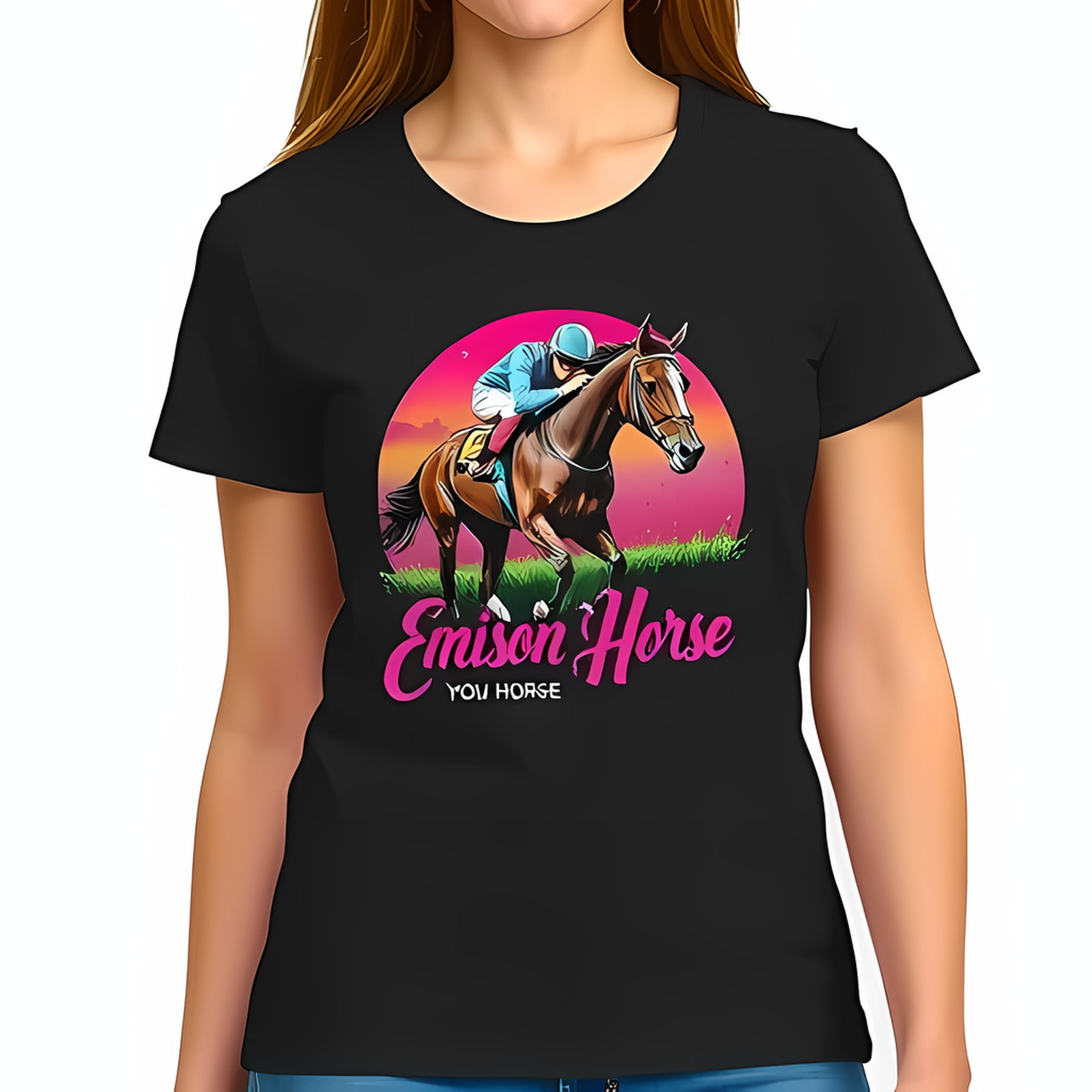 Vibrant Black Women's T-Shirt with & Chestnut Horse Graphic - Retro 80s ...