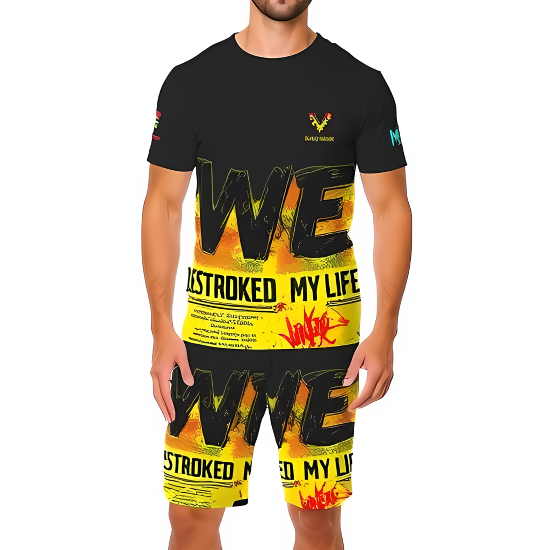 Vibrant Black and Yellow Athletic T-Shirt and Shorts Set with Bold " WE ...