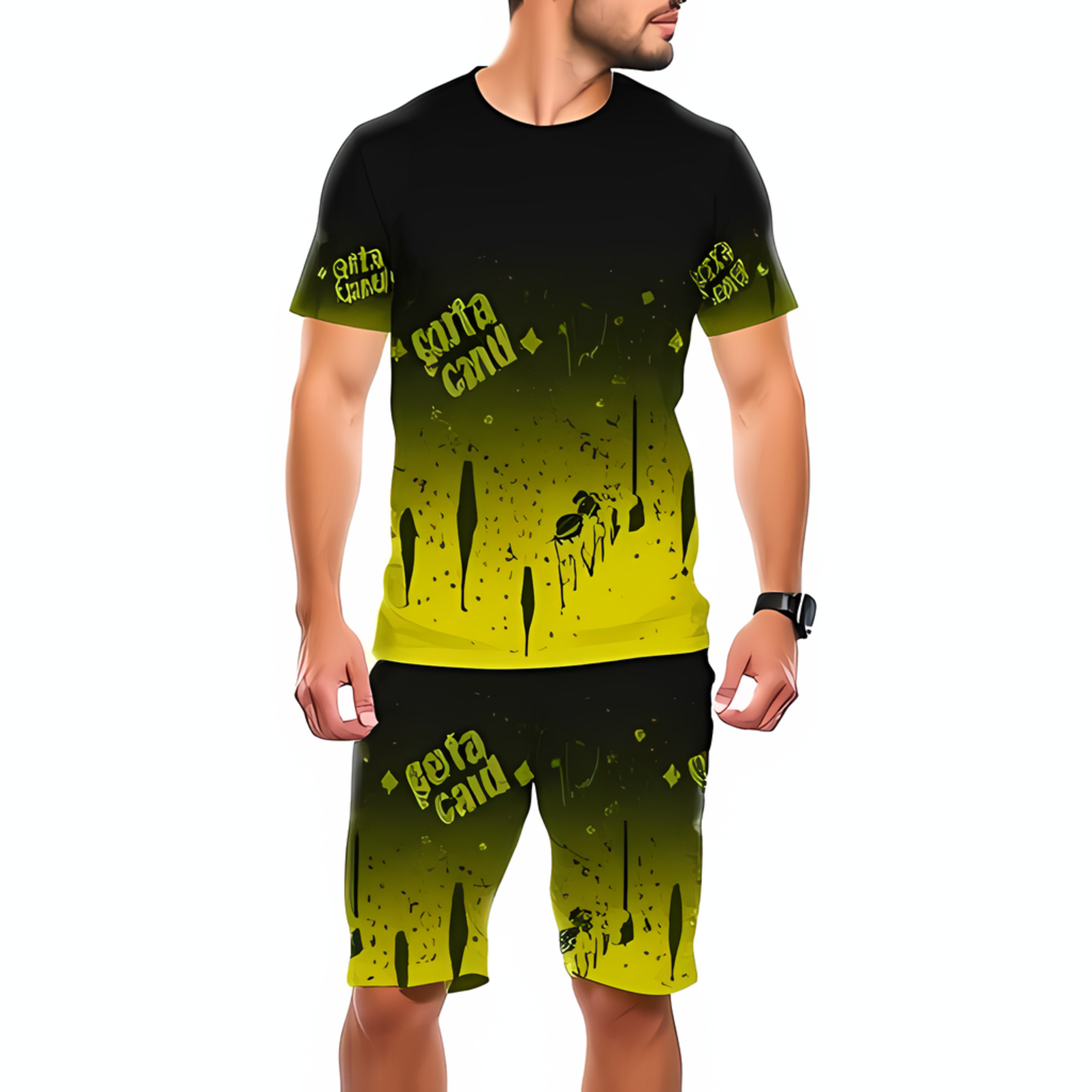 Vibrant Black and Yellow Athletic T-Shirt and Shorts Set with Graffiti ...