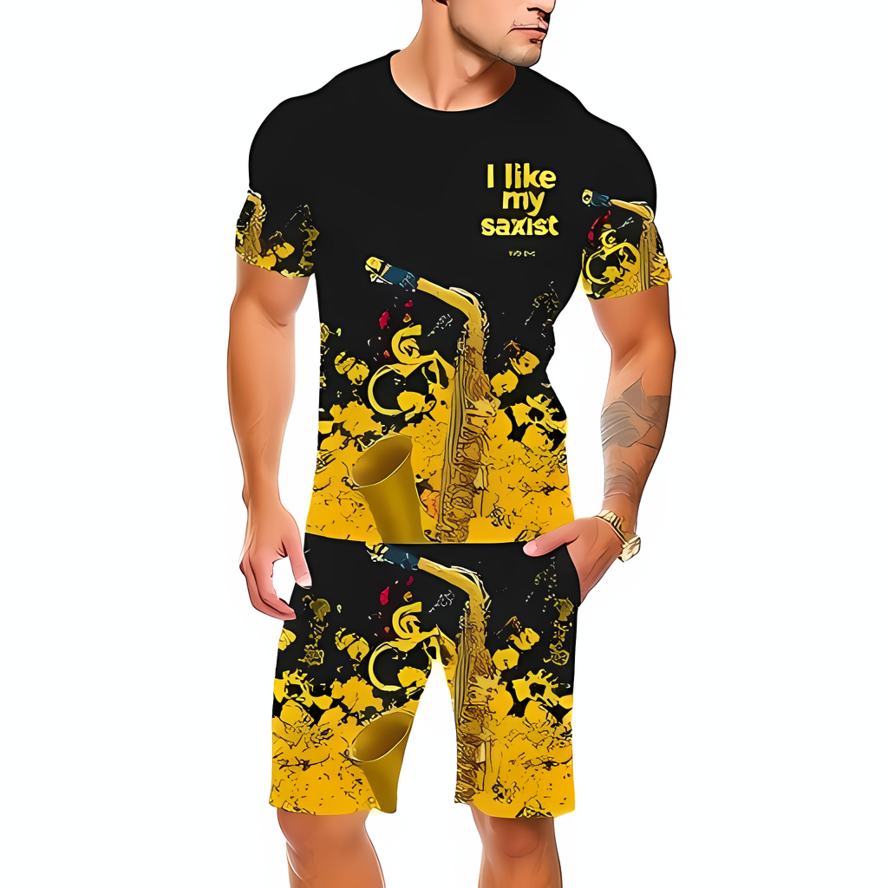 Vibrant Black and Yellow Saxophone Graphic T-Shirt and Shorts Set ...