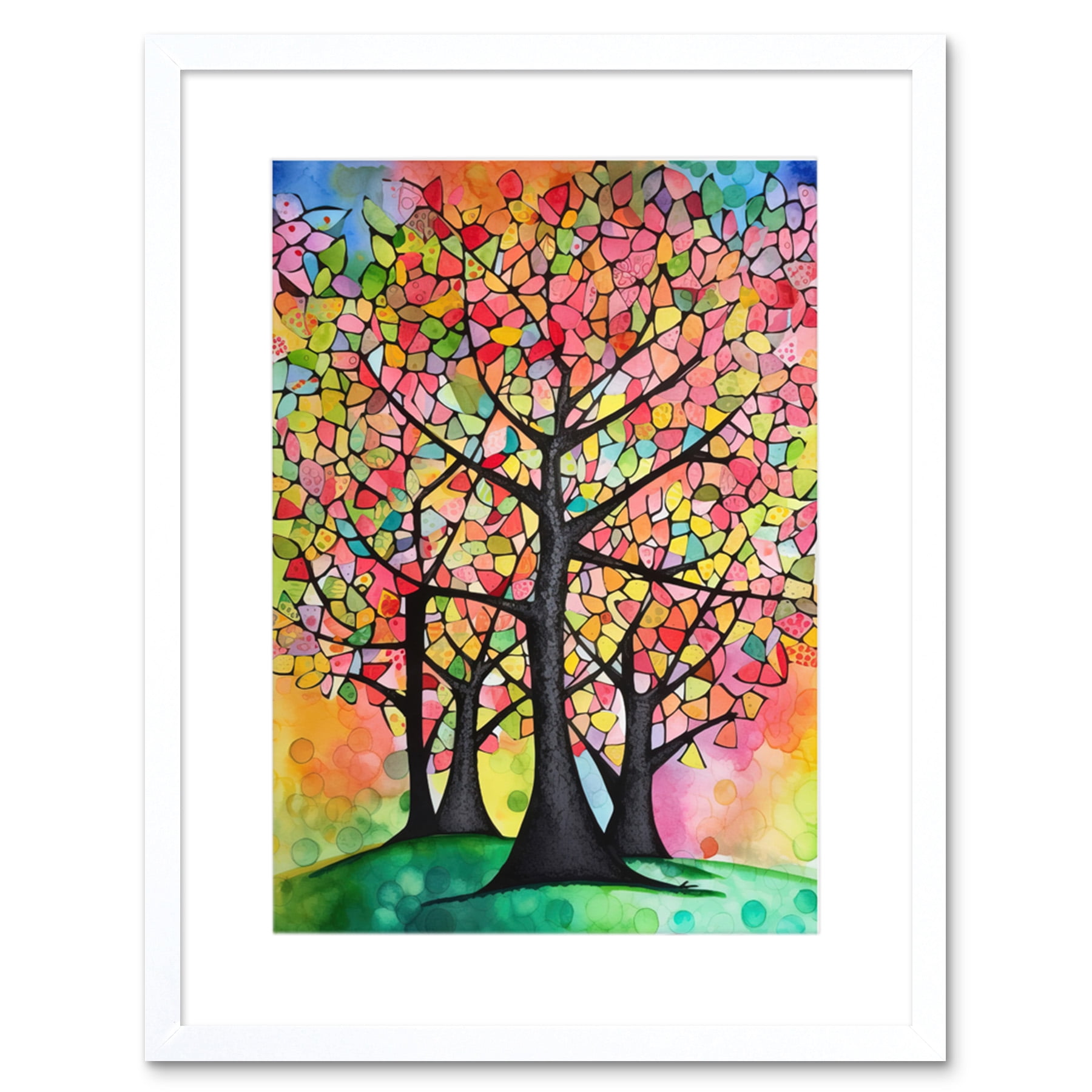Vibrant Blossoming Trees In Spring Folk Art Watercolour Painting ...