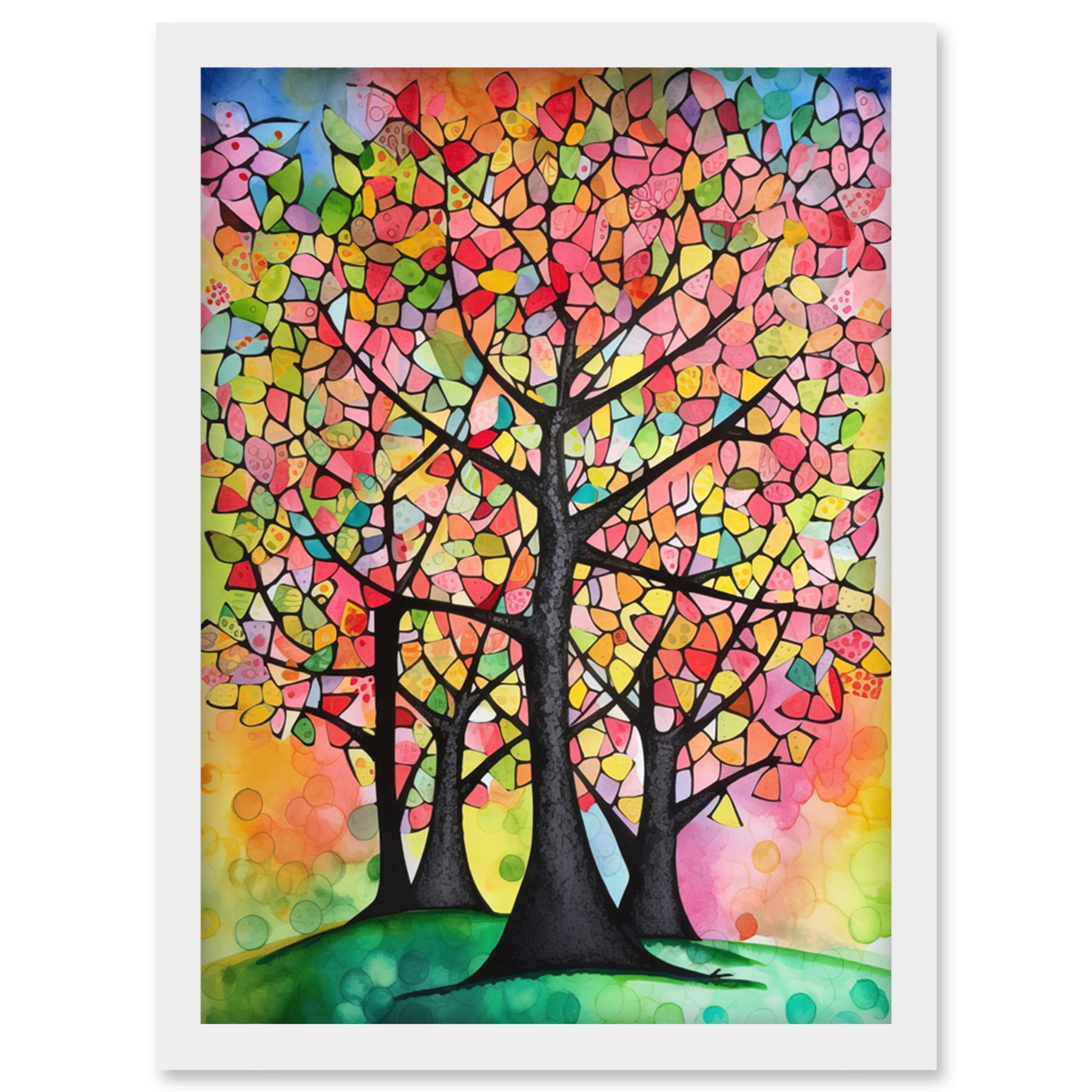 Vibrant Blossoming Trees In Spring Folk Art Watercolour Painting ...