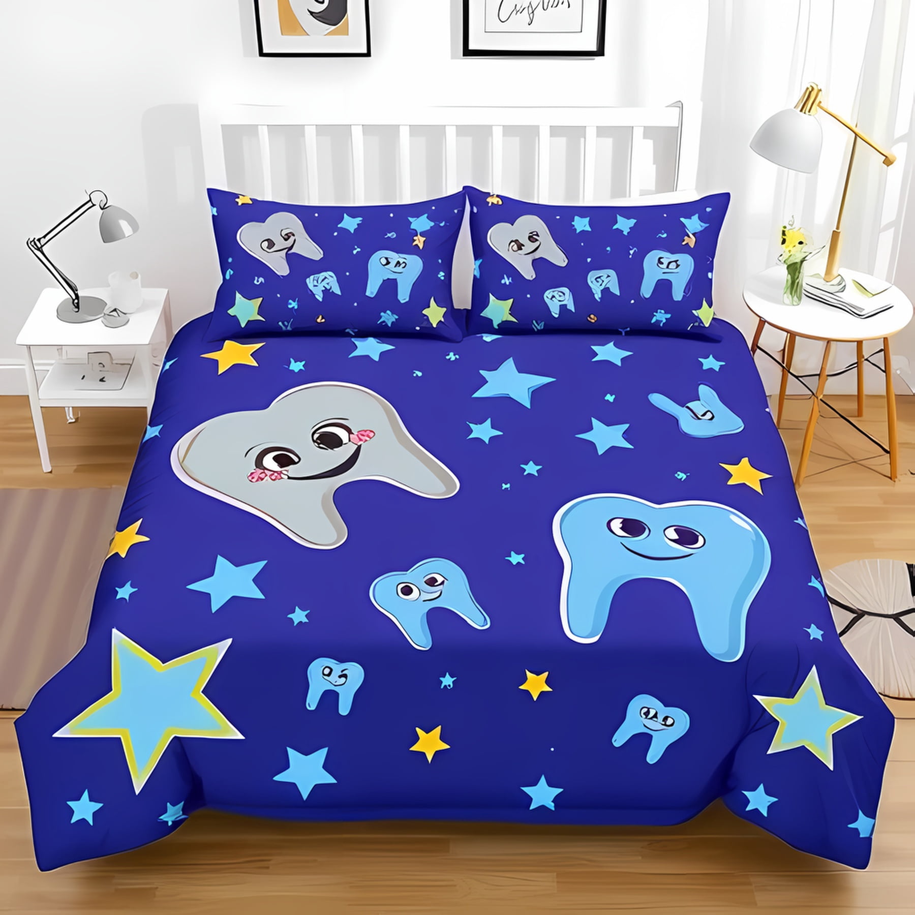 Vibrant Blue 3-Piece Bedding Set - Cartoon Teeth & Starry Design ...