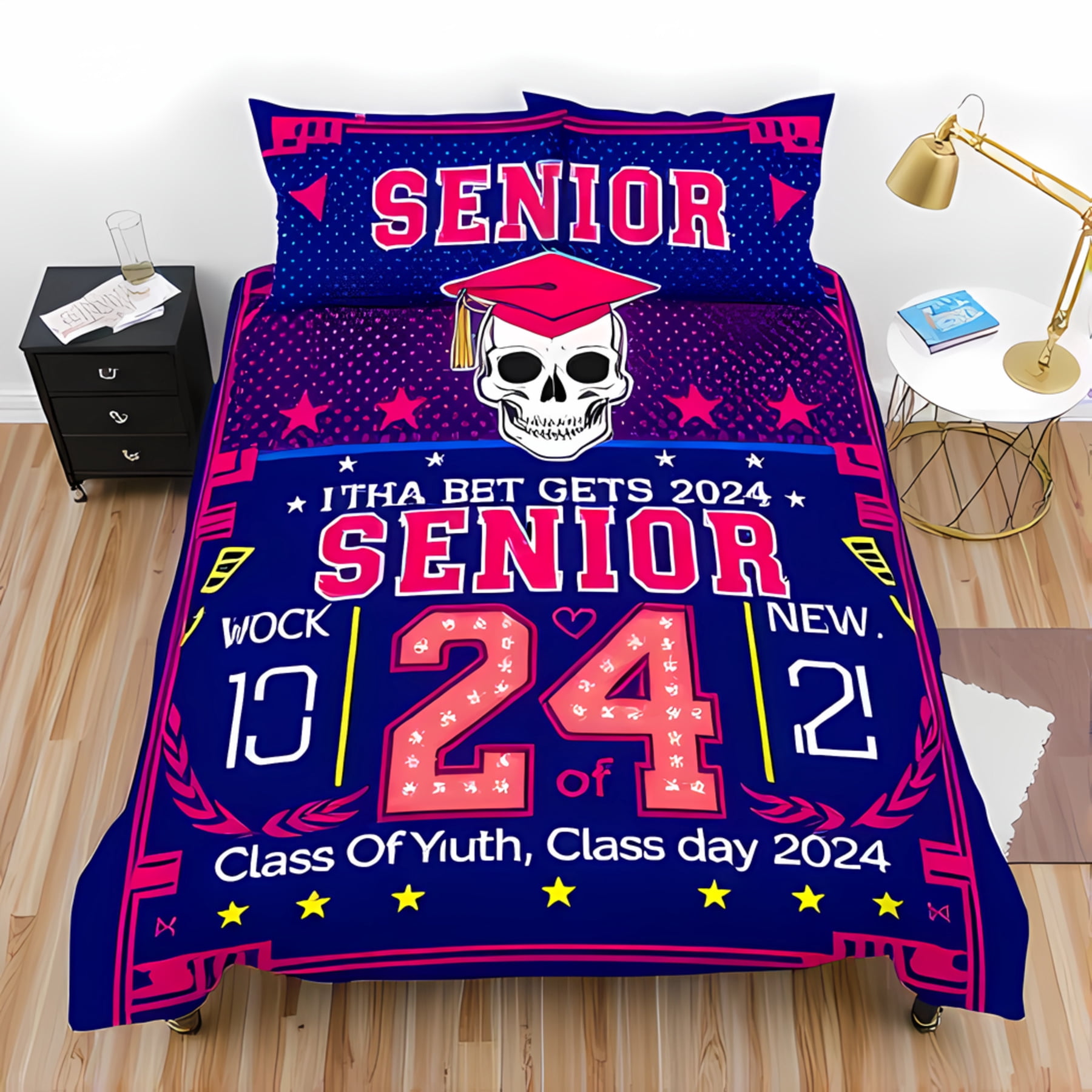 Vibrant Blue 3-Piece Duvet Cover Set with Bold 2024 Graduation Design ...