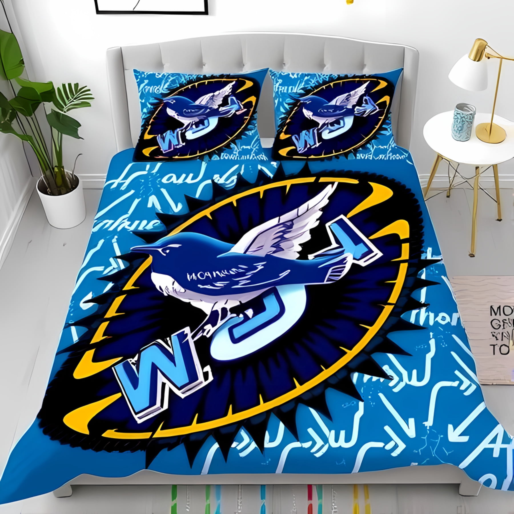 Vibrant Blue 3-Piece Duvet Cover Set with Bold Bird Design & Energetic ...