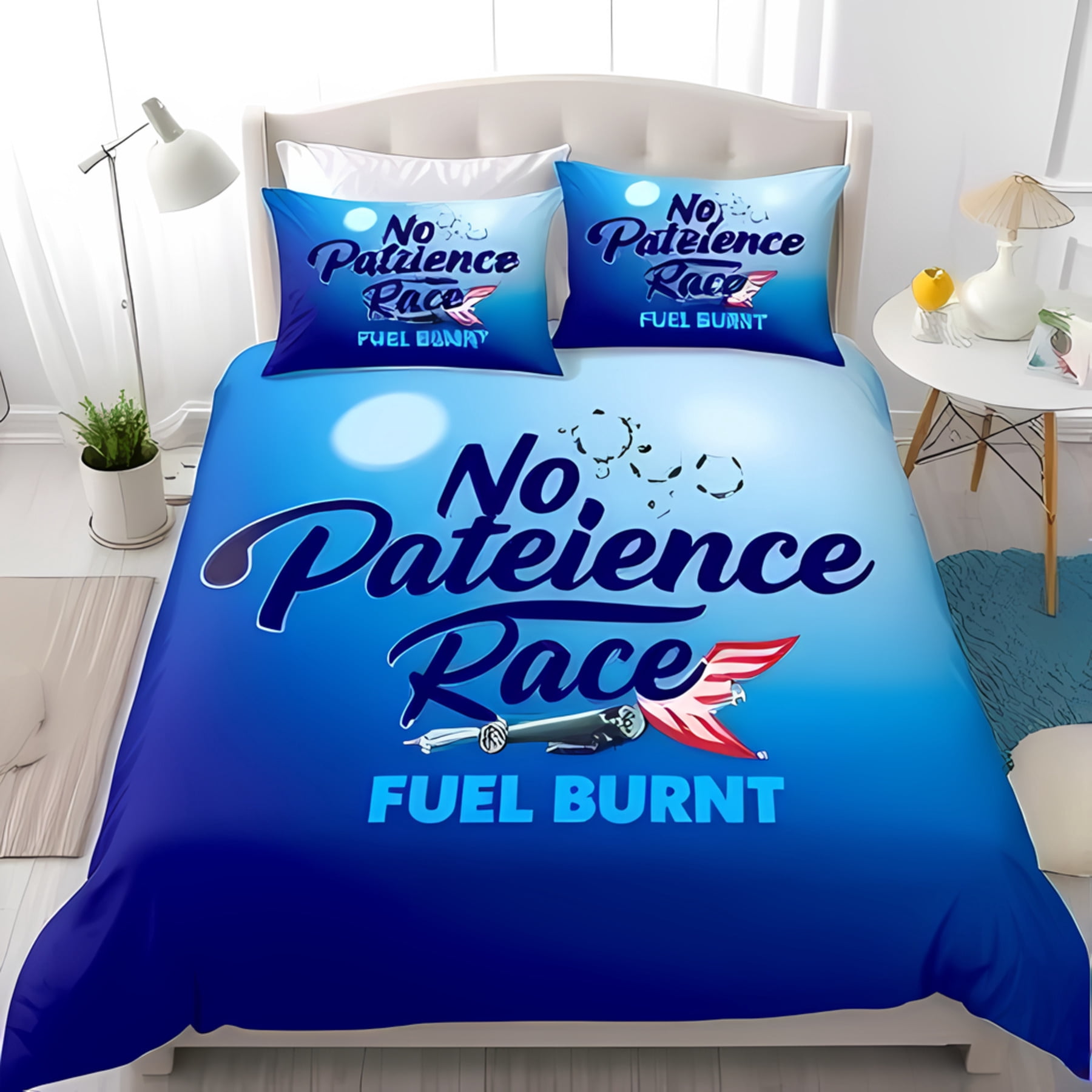 Vibrant Blue 3-Piece Duvet Cover Set with Bold 'No Patience Race ...