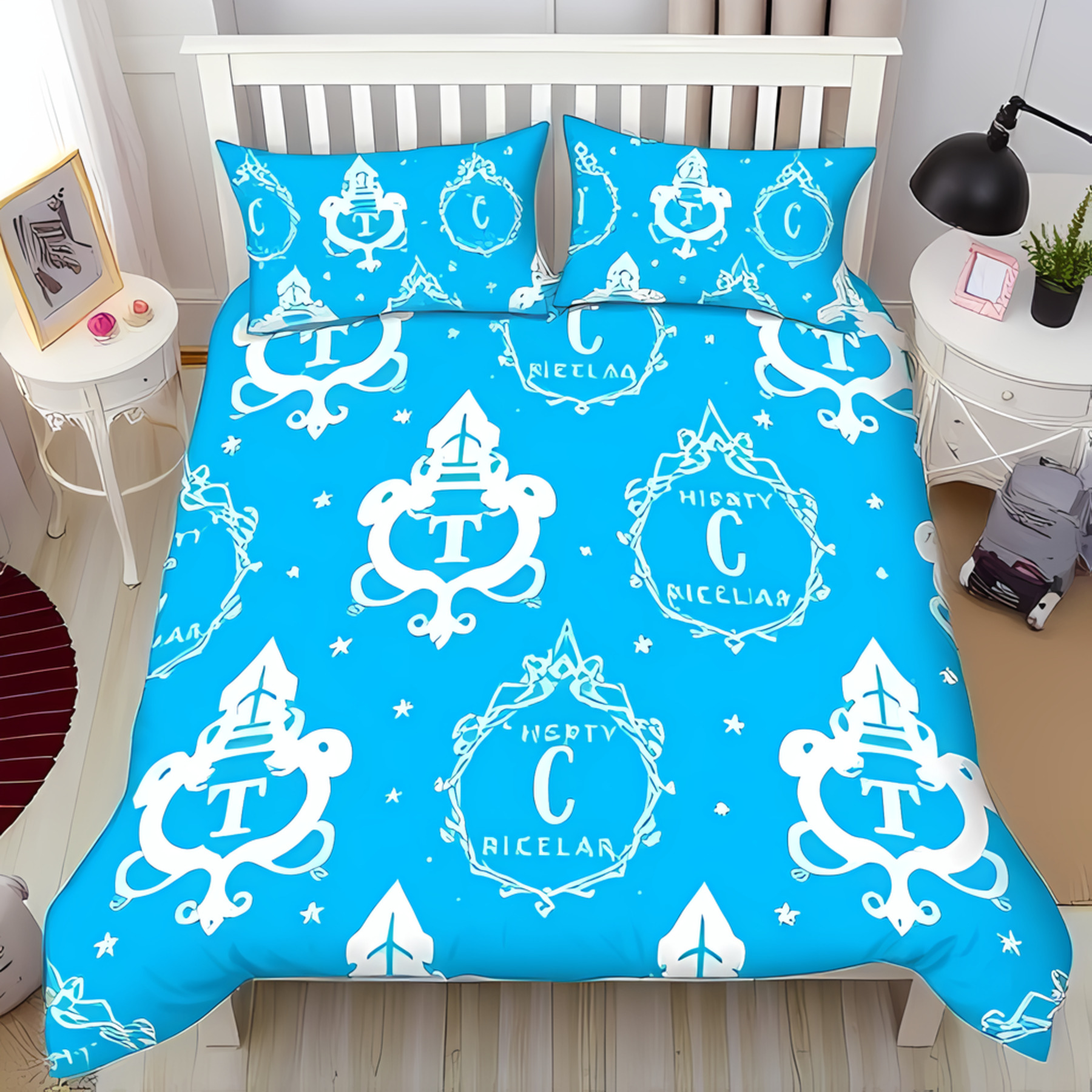 Vibrant Blue 3-Piece Duvet Cover Set with Elegant White Design Unique ...