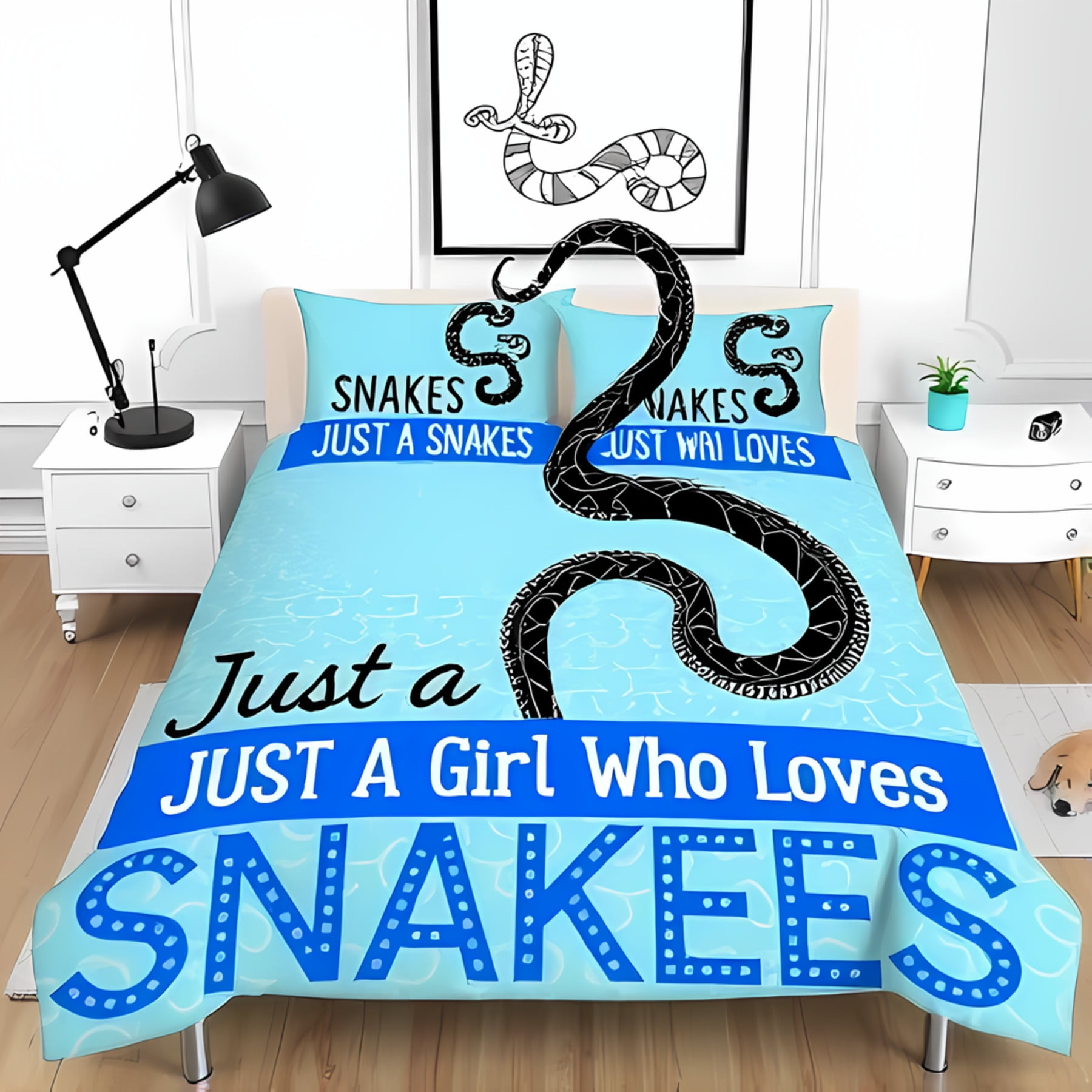 Vibrant Blue 3-Piece Duvet Cover Set with Playful Black Snake Design & Heart Pattern - " Just a ...