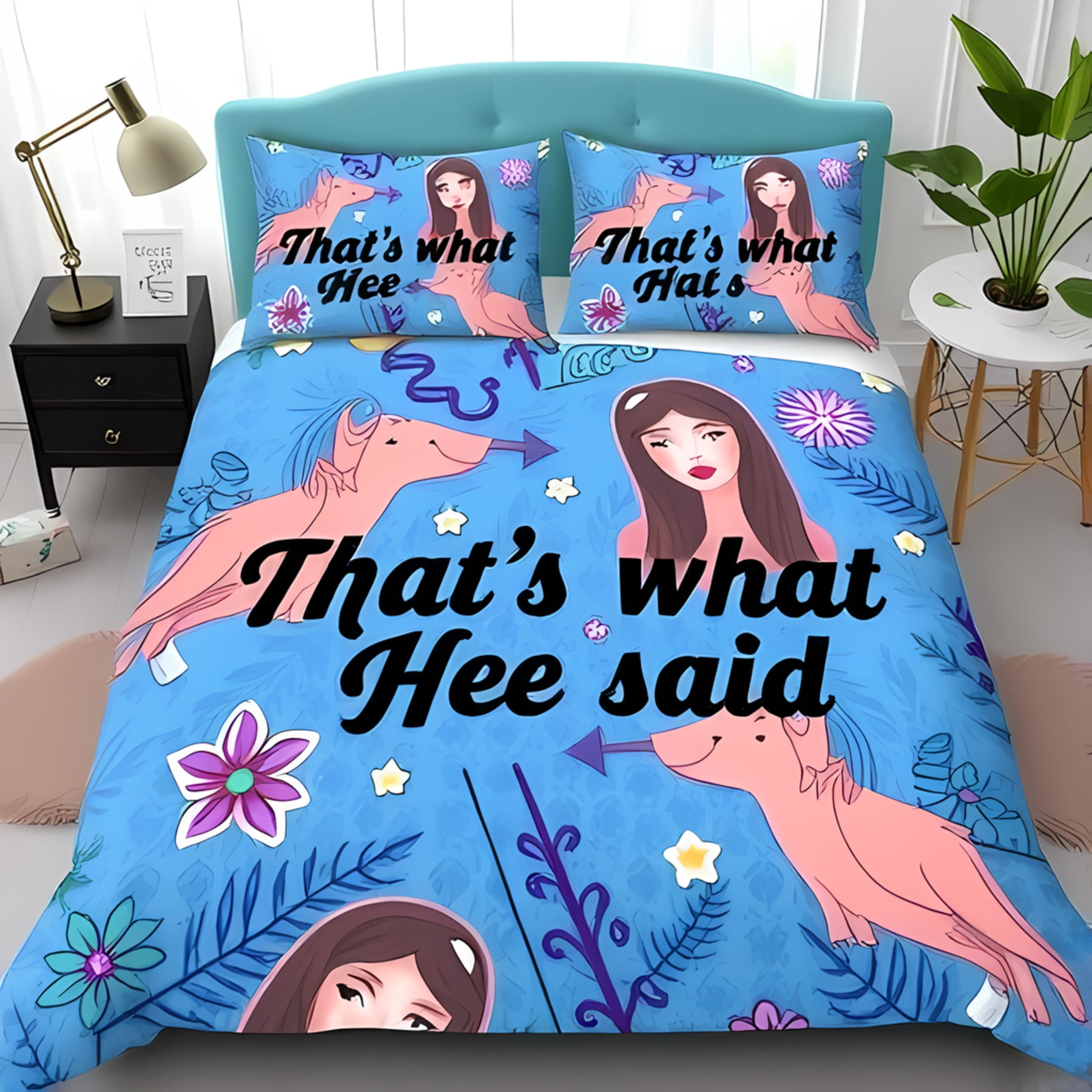 Vibrant Blue 3-Piece Duvet Cover Set with Whimsical Pigs Flowers Arrows ...