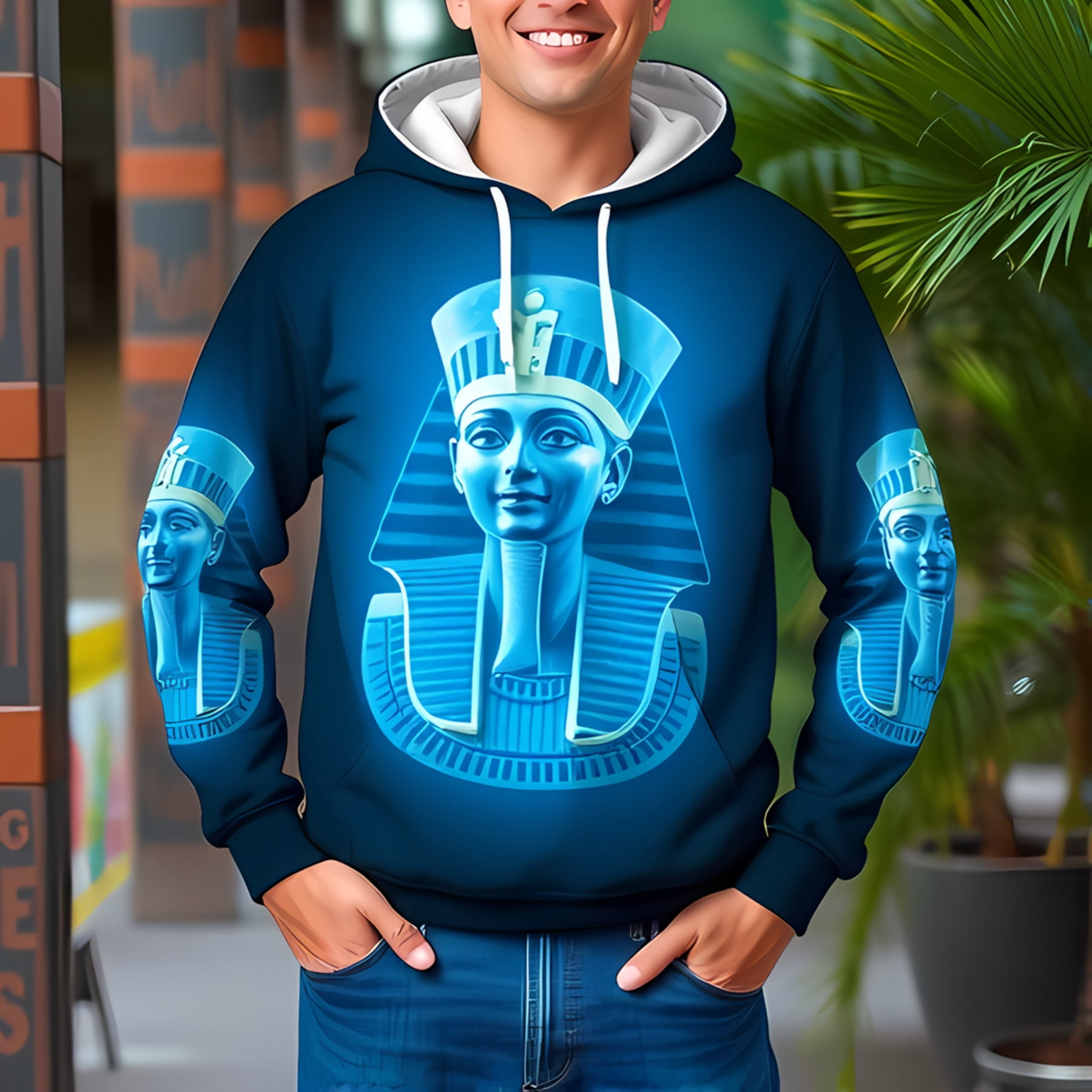 Vibrant Blue 3D Hoodie with Ethereal Nefertiti Design Modern Fashion ...