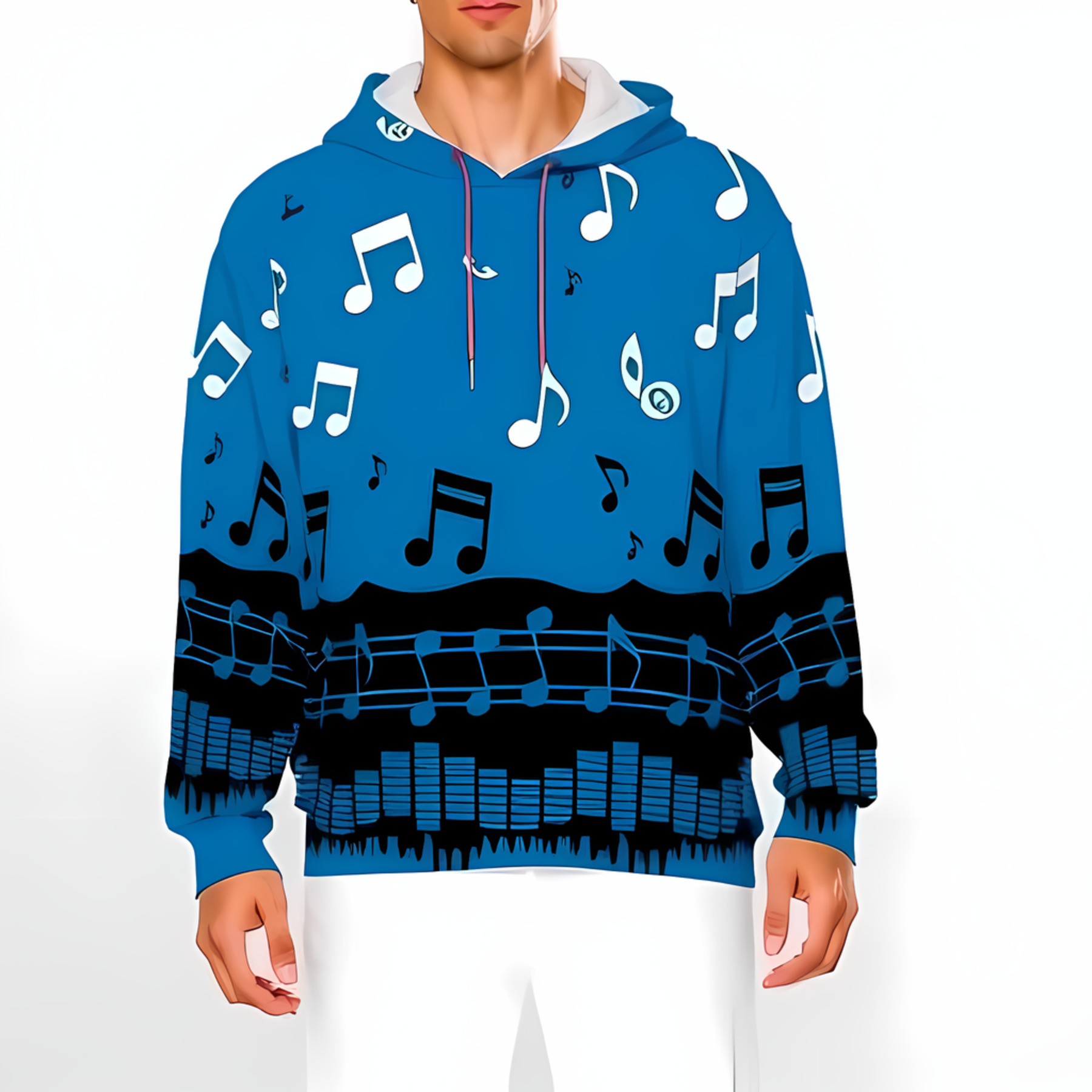 Vibrant Blue 3D Hoodie with Musical Notes & Sound Waves - Trendy Design ...