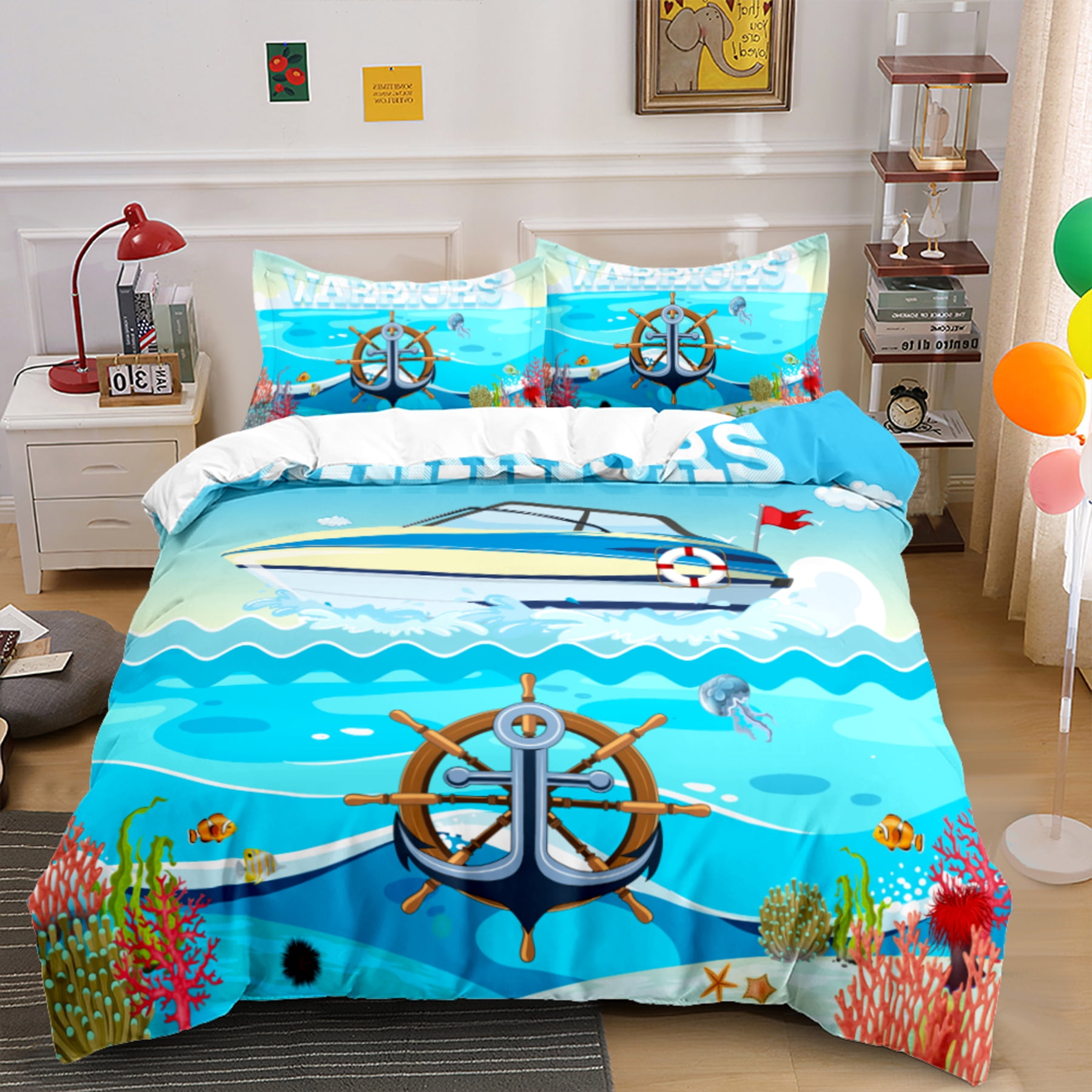 Vibrant Blue Bedding Set Cartoon Coral Reefs & Jellyfish Design ...