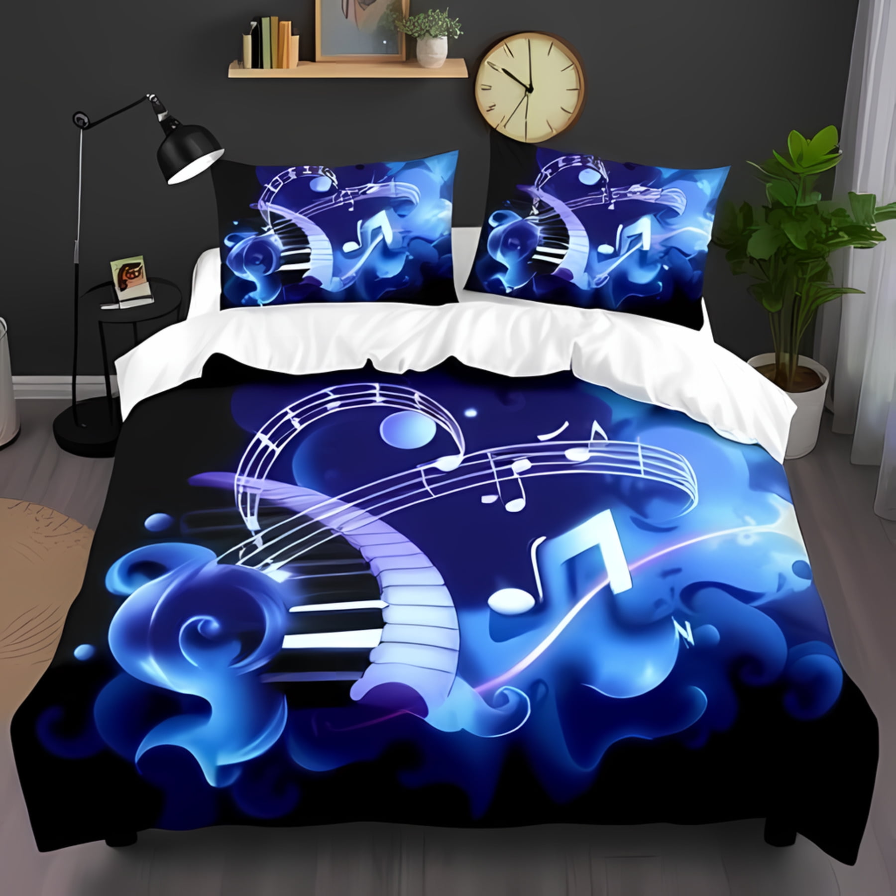Vibrant Blue & Black Musical Notes Comforter Set Stylish Bedding with ...