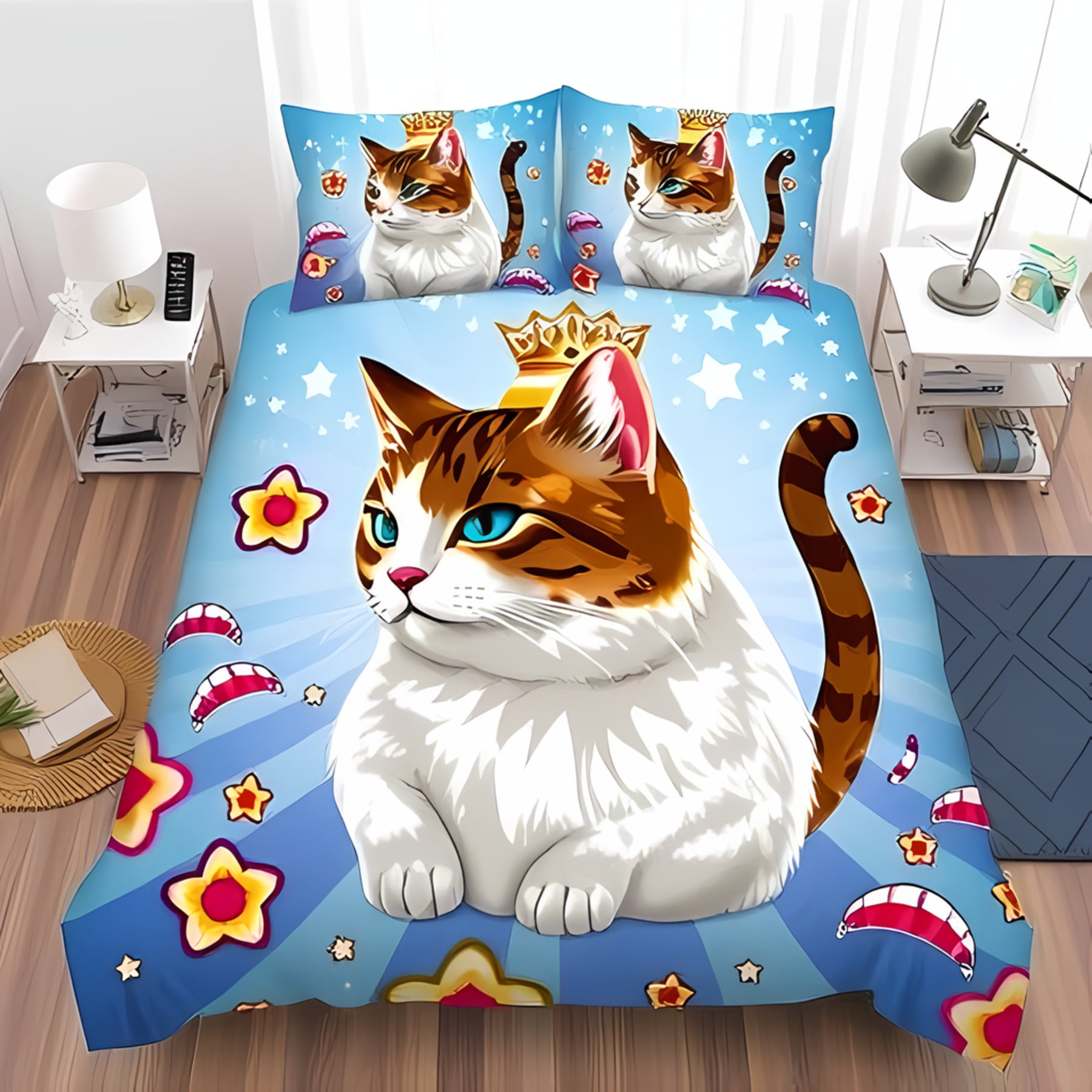 Vibrant Blue CatThemed Bedspread Set with Crowned Cats & Whimsical ...