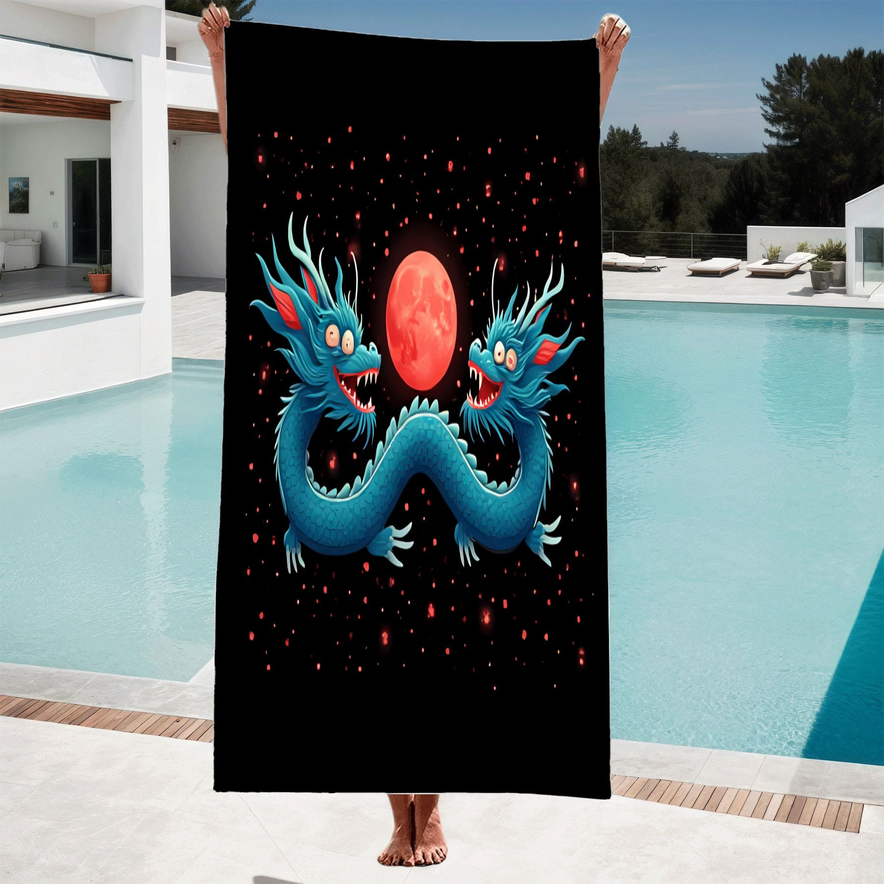 Vibrant Blue Dragons Intertwined Design Beach Towel - Mythical Pattern ...