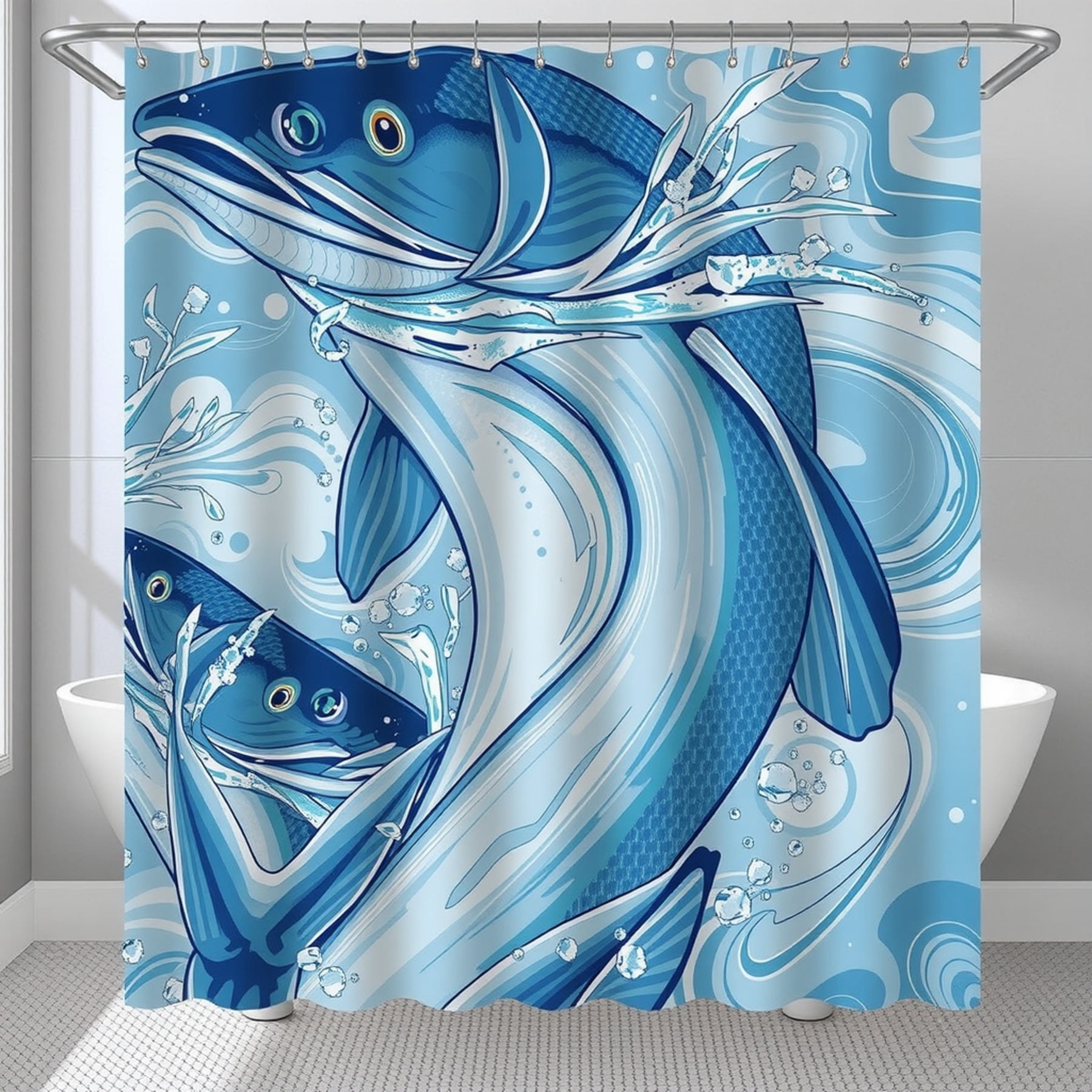 Vibrant Blue Fish Shower Curtain with Bubbles & Flora for Bathroom ...
