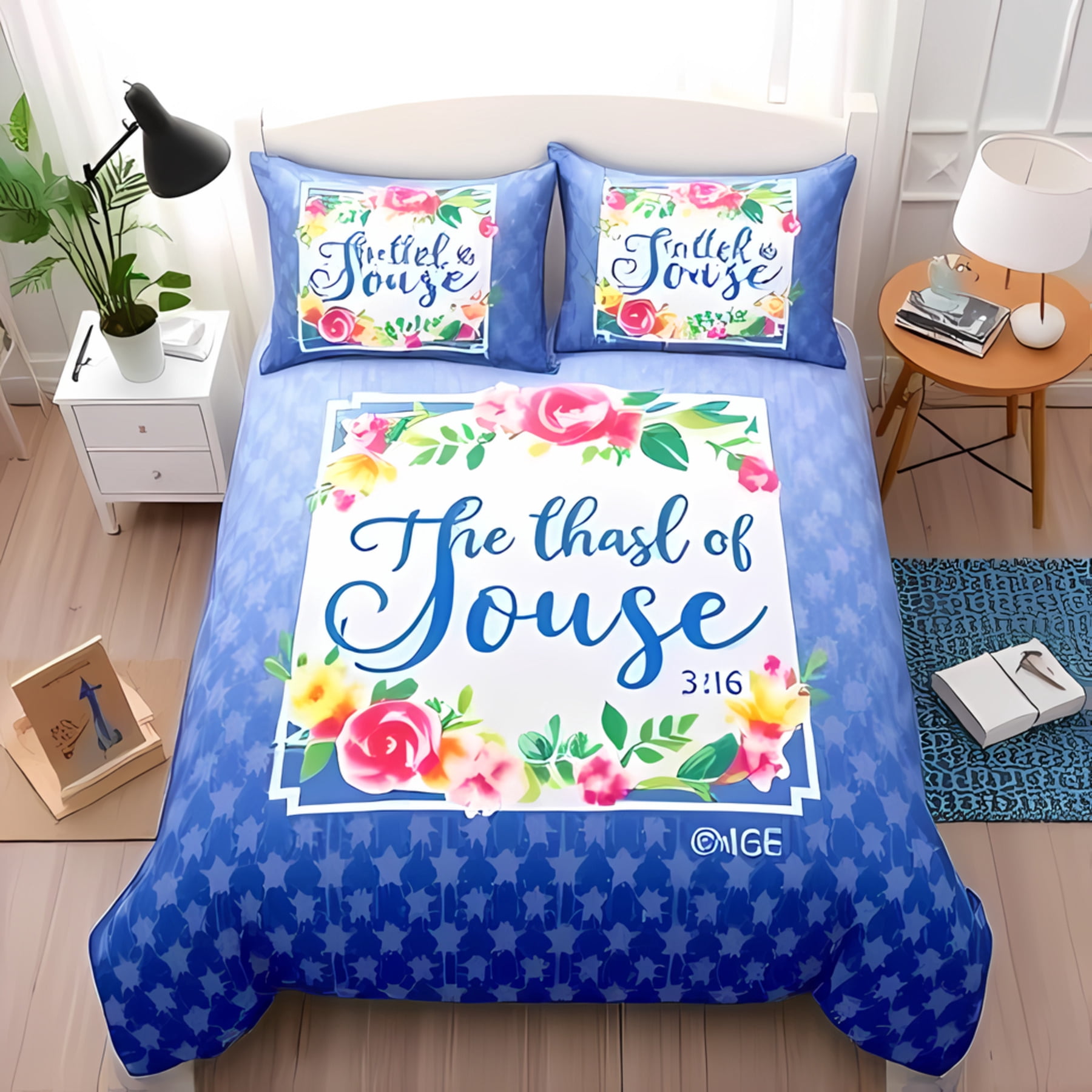 Vibrant Blue Floral 3-Piece Duvet Cover Set with Elegant Script - " The ...