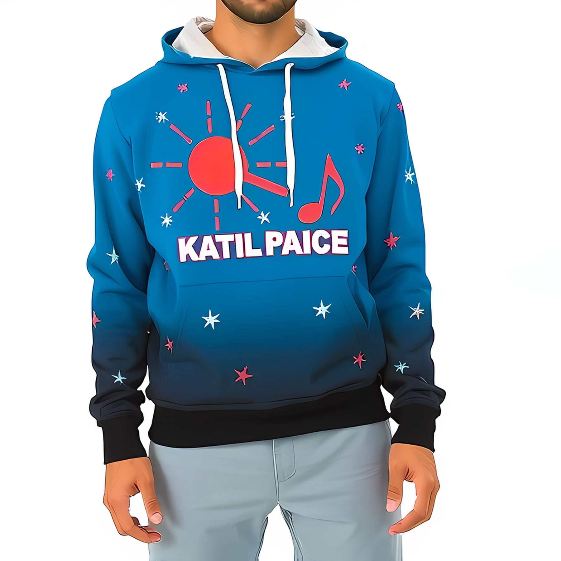 Vibrant Blue Gradient 3D Hoodie with Red & Musical Note - "KATIL PAICE ...